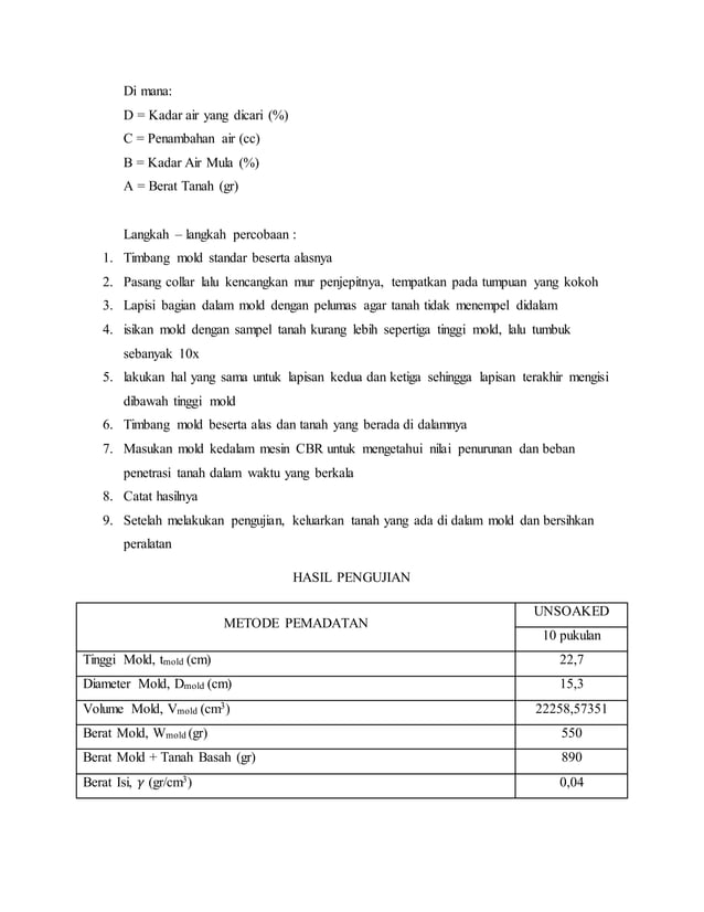 Praktek Mekanika Tanah - Laporan uji kompaksi | DOCX