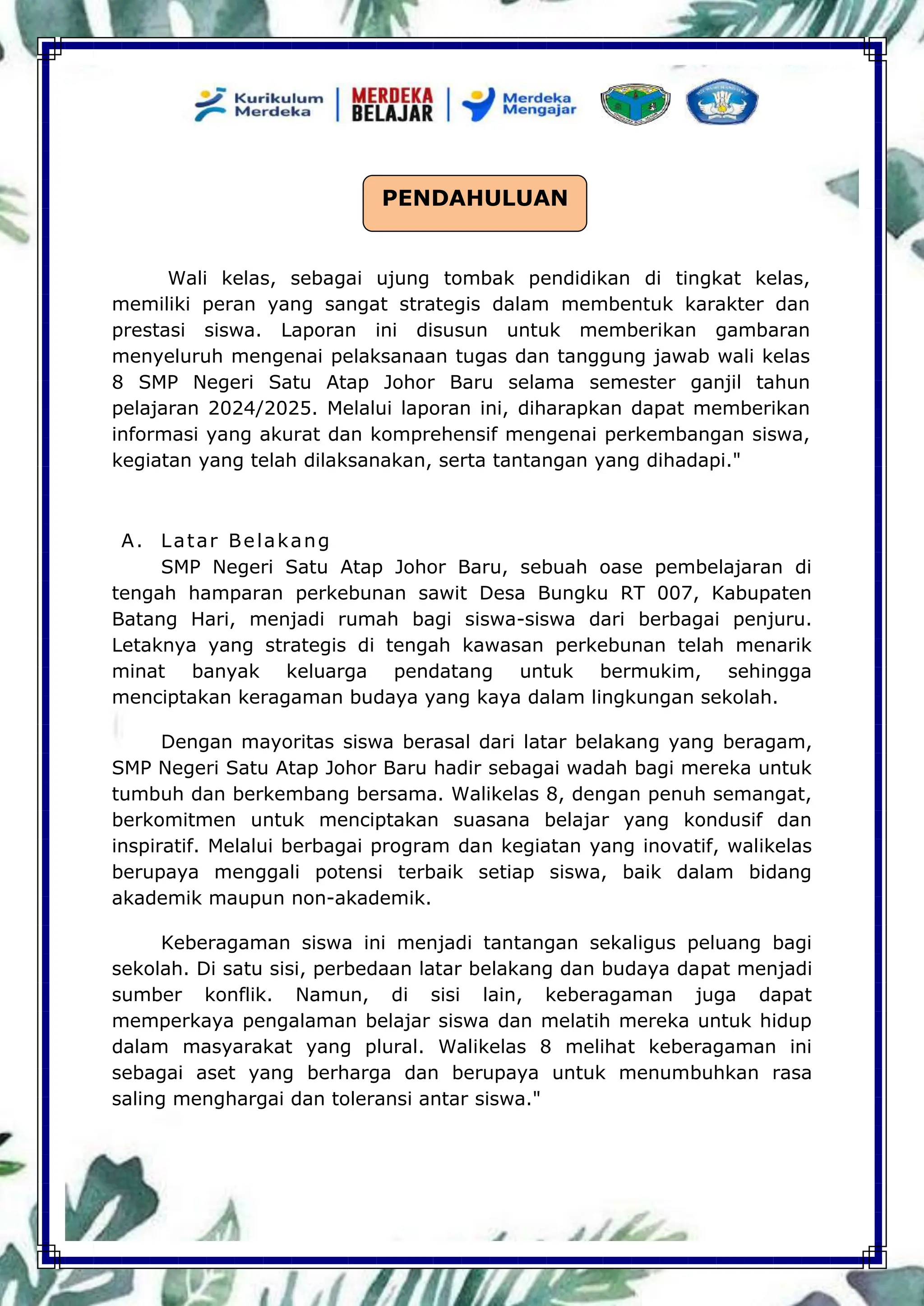 CONTOH LAPORAN WALI KELAS SMP PERIODE JULI-DESEMBER 2024 | PDF