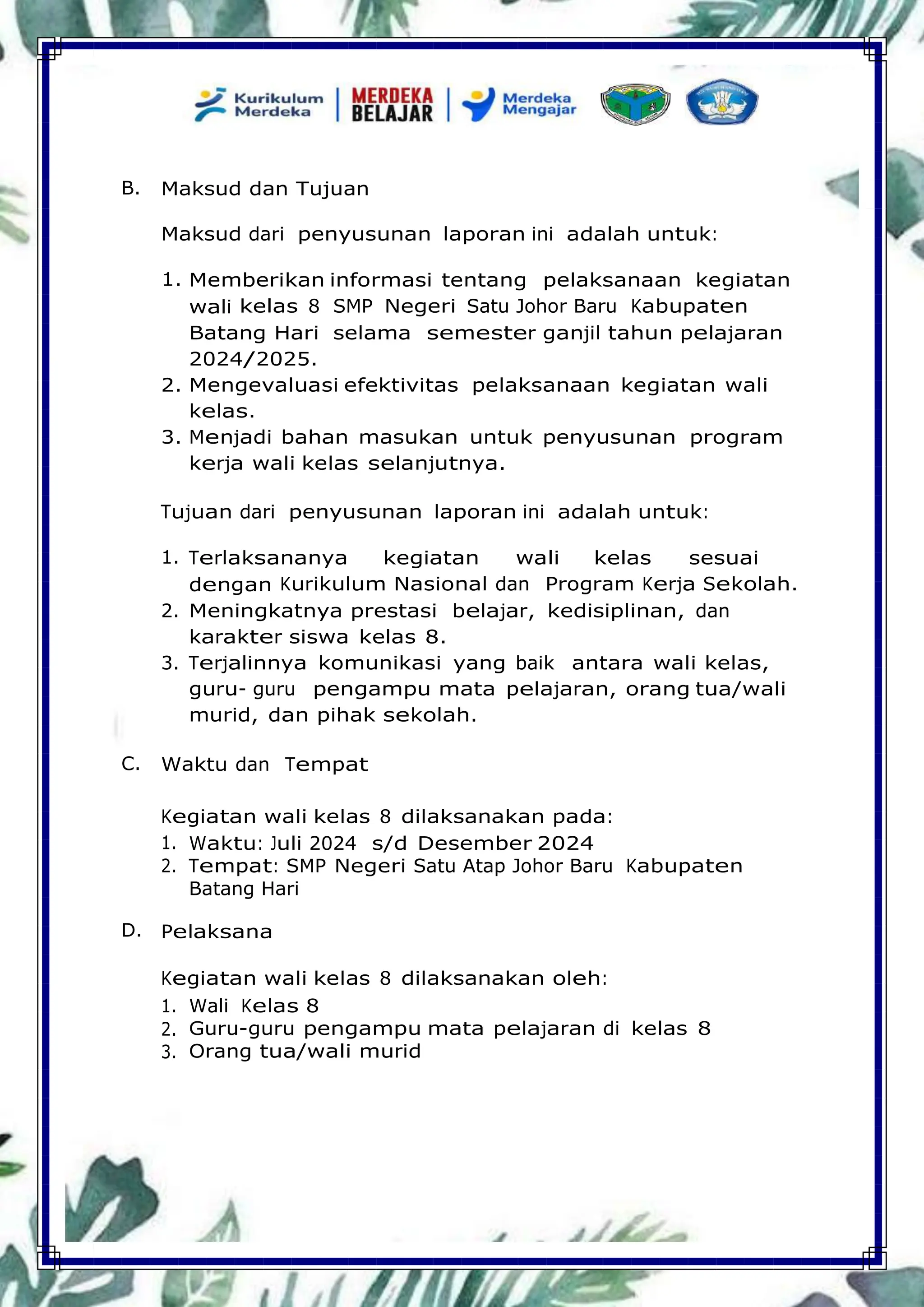 CONTOH LAPORAN WALI KELAS SMP PERIODE JULI-DESEMBER 2024 | PDF