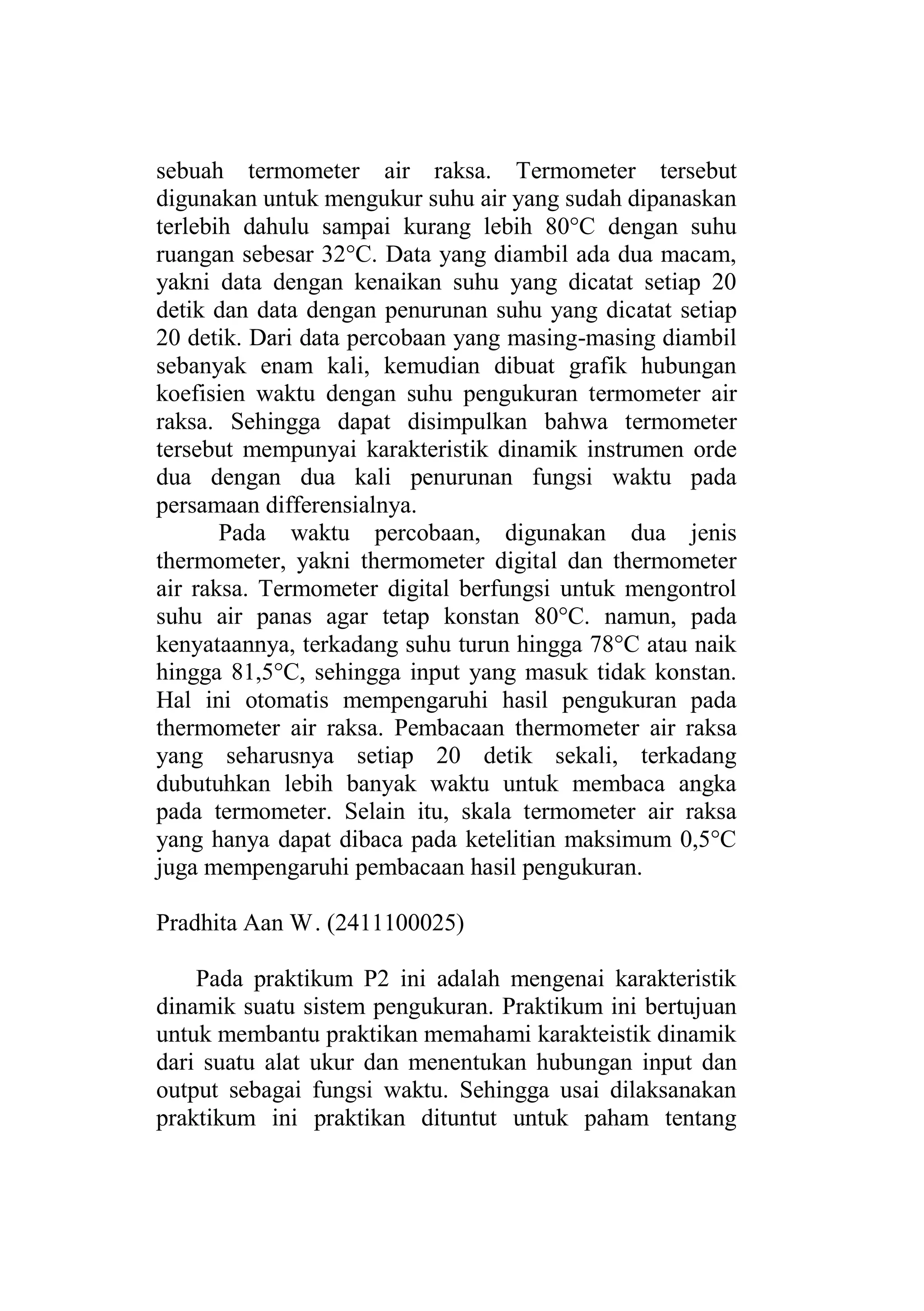 LAPORAN RESMI PRAKTIKUM KARAKTERISTIK DINAMIK TERMOMETER | PDF