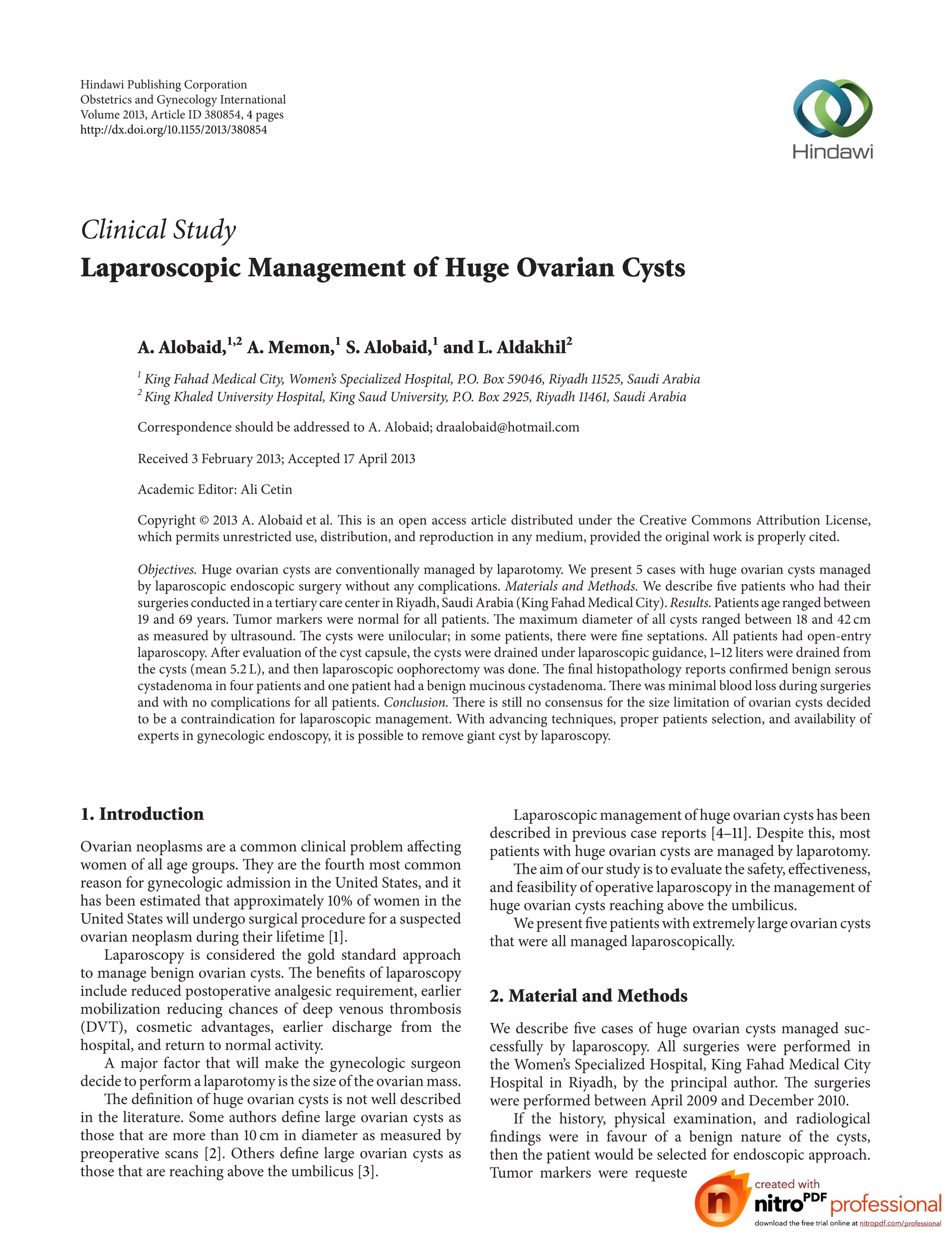 Laproscopic management of huge ovarian cyst | PDF