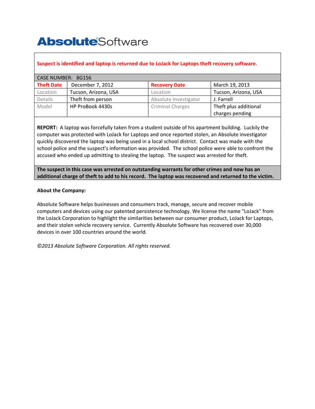 Laptop Theft Recovery Cases from Absolute Software – Case Number 8G1E6 | PDF | Crime & Harmful ...