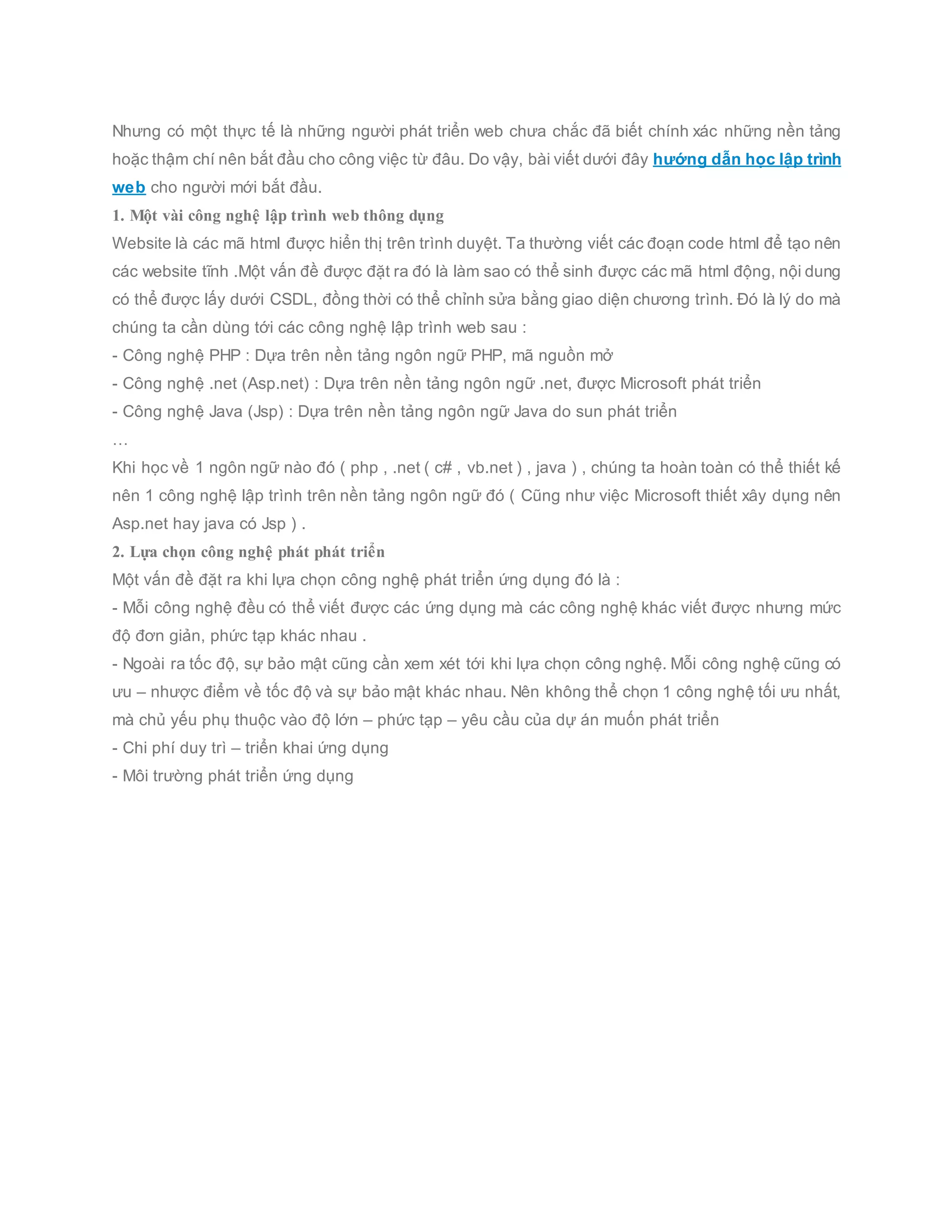 Lap trinh web la gi bat dau hoc lap trinh web tu dau | PDF