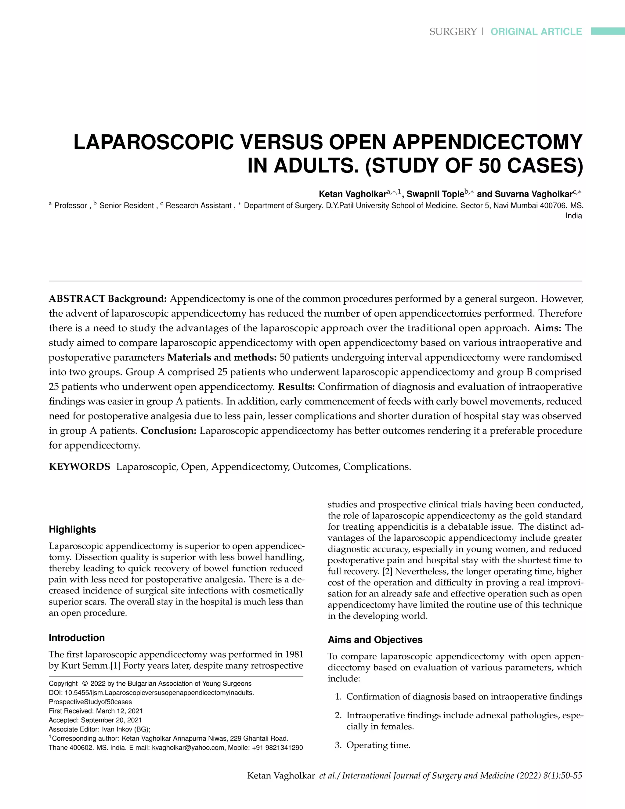 LAPAROSCOPIC VERSUS OPEN APPENDICECTOMY IN ADULTS. (STUDY OF 50 CASES) | PDF