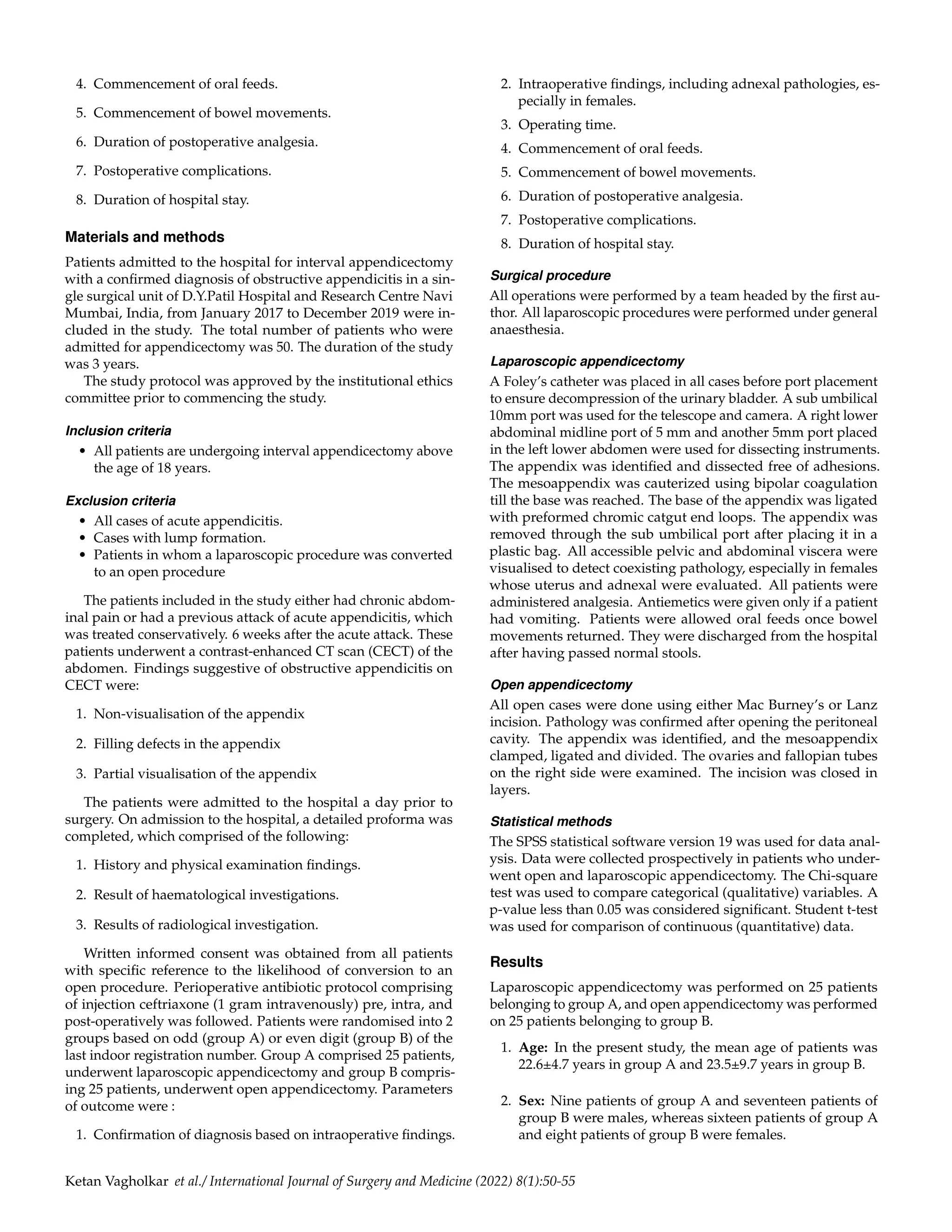 LAPAROSCOPIC VERSUS OPEN APPENDICECTOMY IN ADULTS. (STUDY OF 50 CASES ...