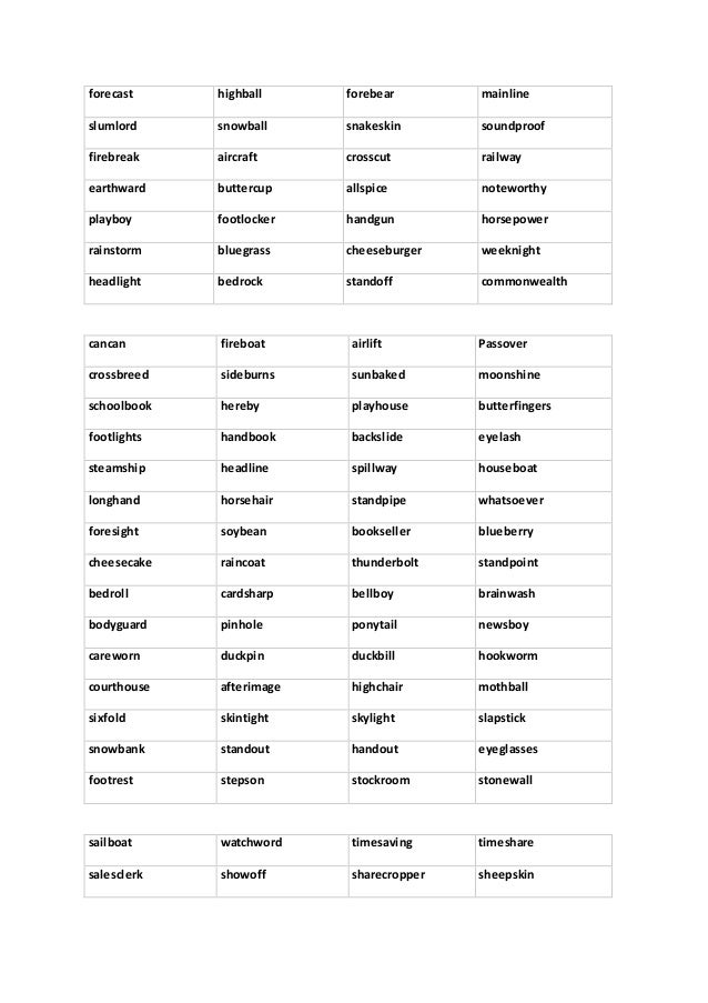 Large list of compound nouns to download in pdf
