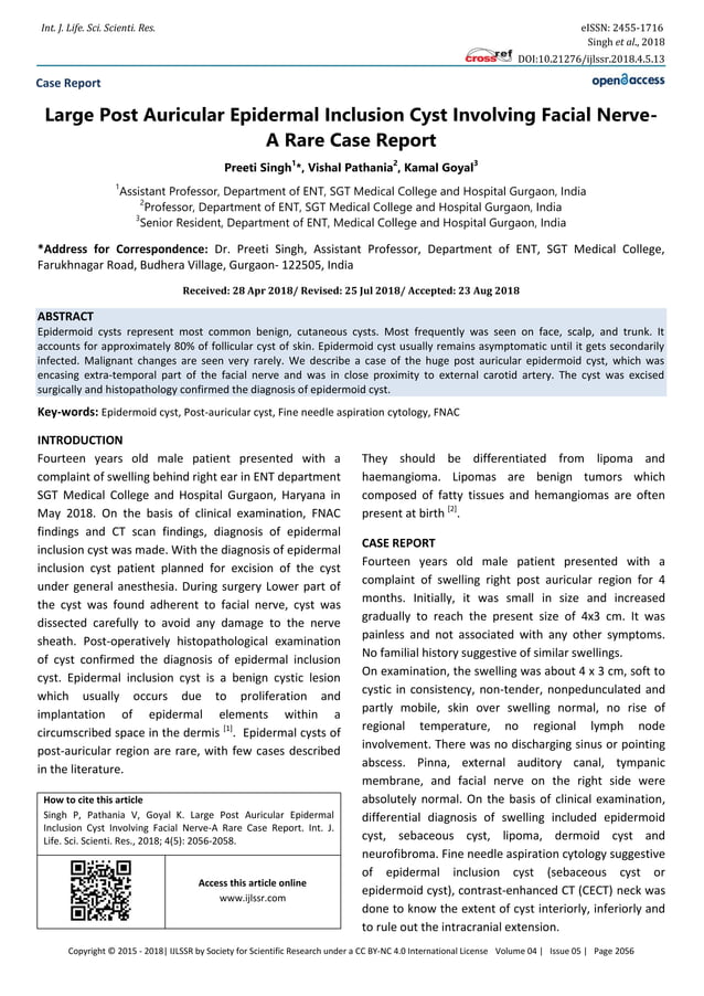Large Post Auricular Epidermal Inclusion Cyst Involving Facial Nerve- A ...