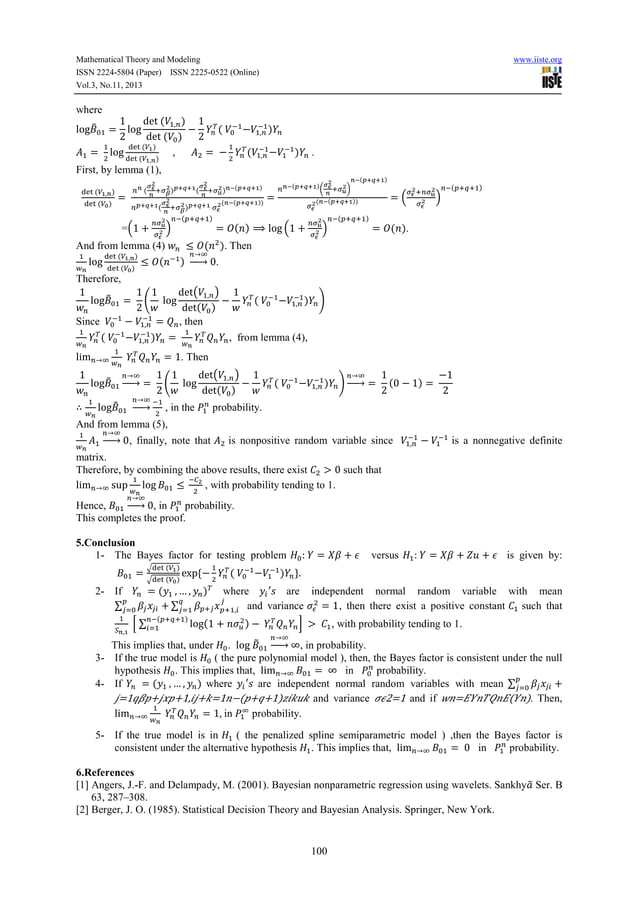Large sample property of the bayes factor in a spline semiparametric regression model | PDF
