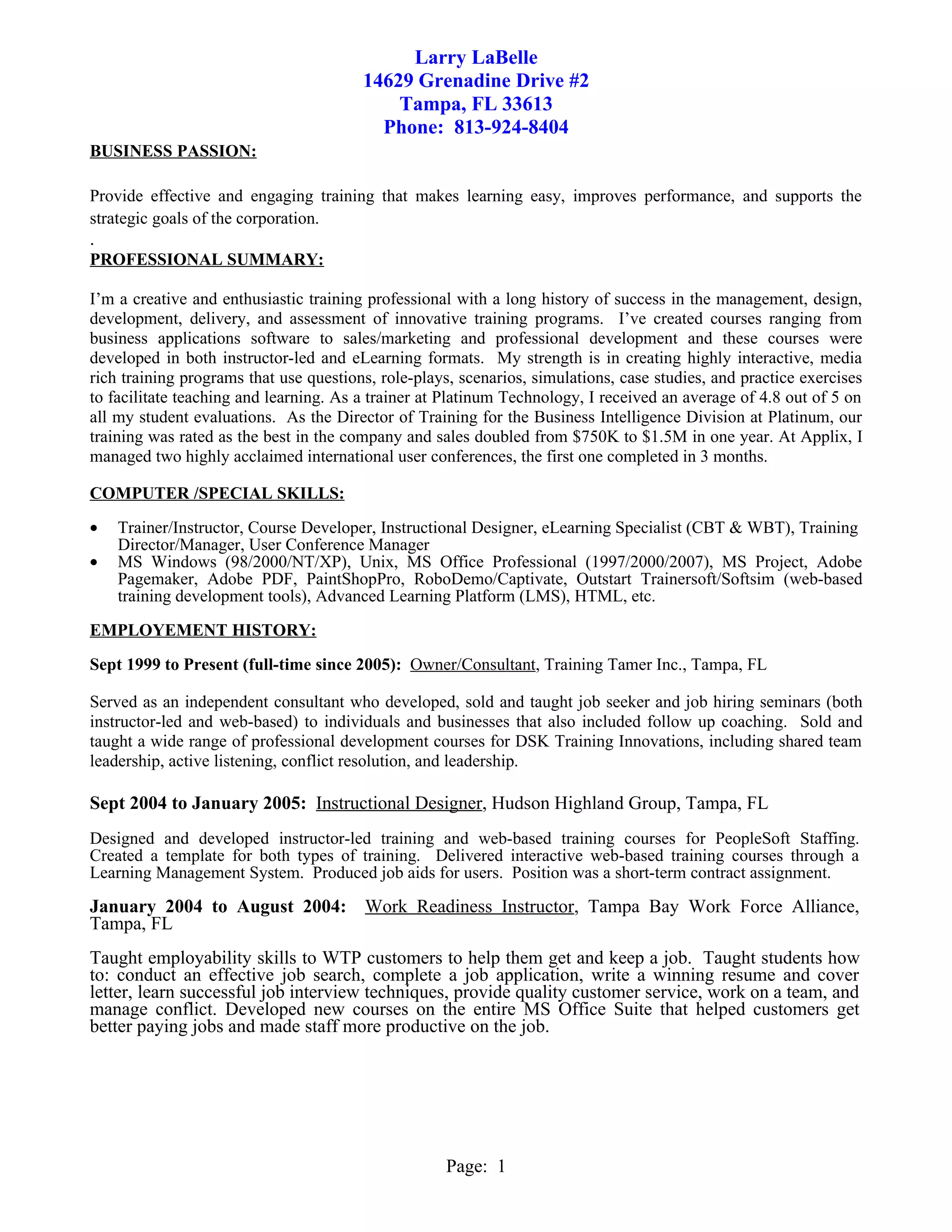 Larry LaBelle Resume Cognos | PDF
