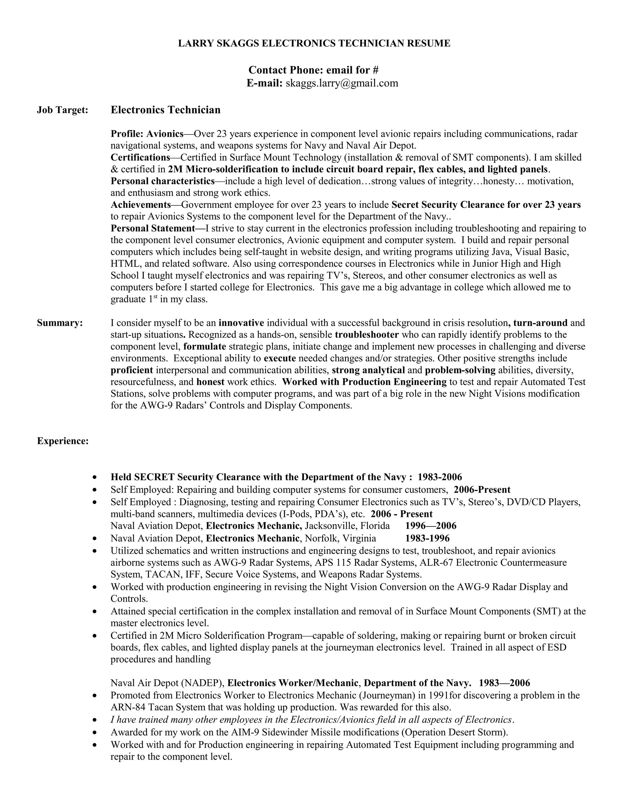 Larry skaggs electronics resume 2017 v2 | PDF