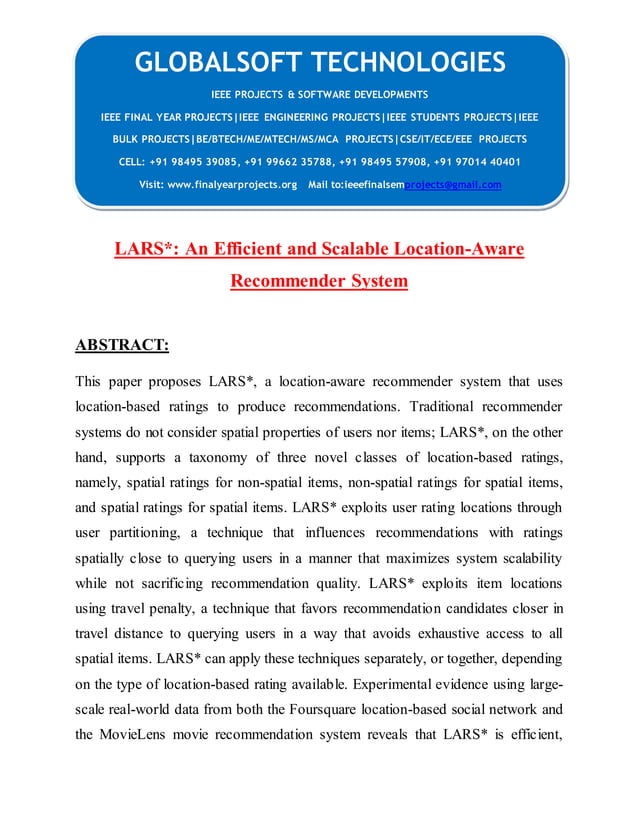 IEEE 2014 JAVA DATA MINING PROJECTS Lars an efficient and scalable location aware recommender ...
