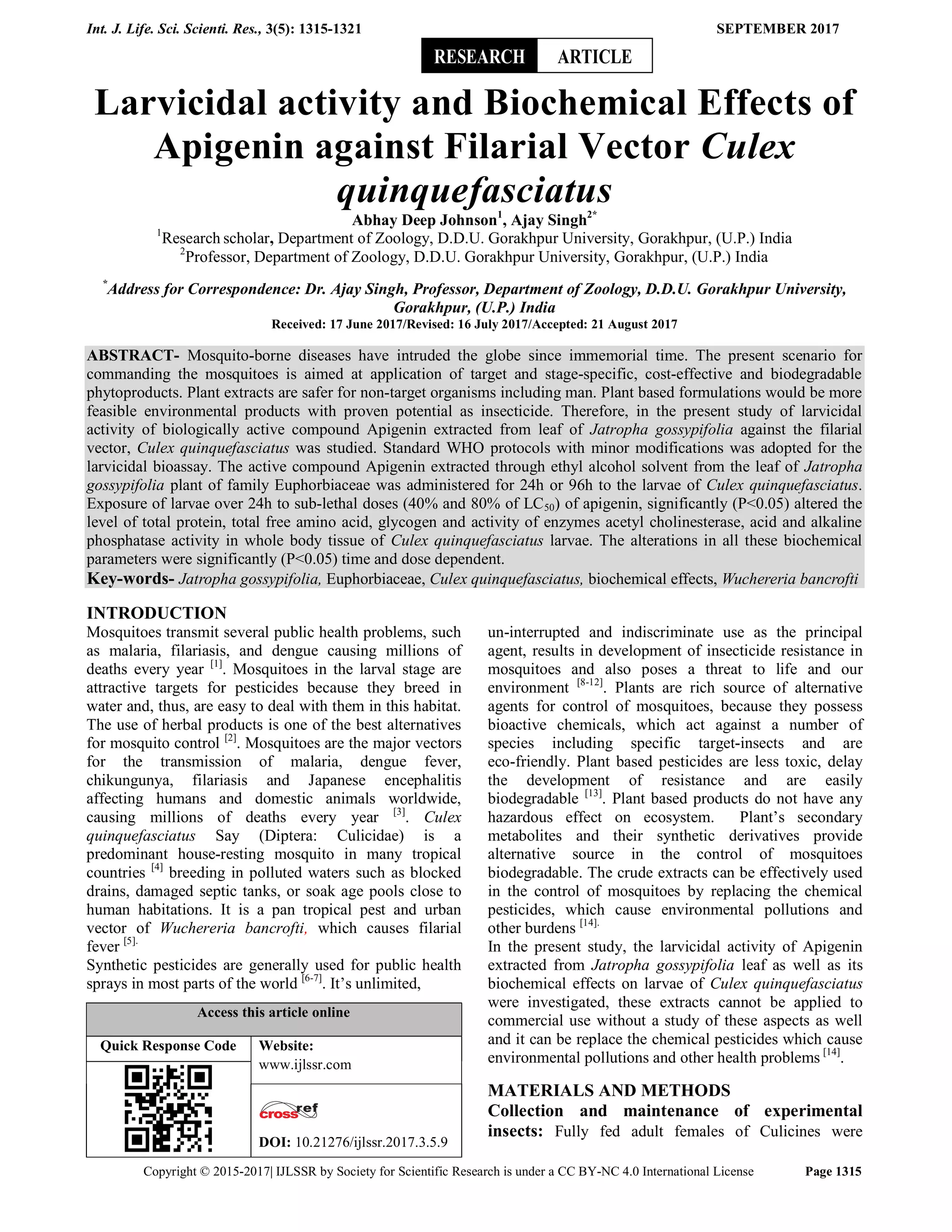 Larvicidal activity and Biochemical Effects of Apigenin against Filarial Vector Culex ...