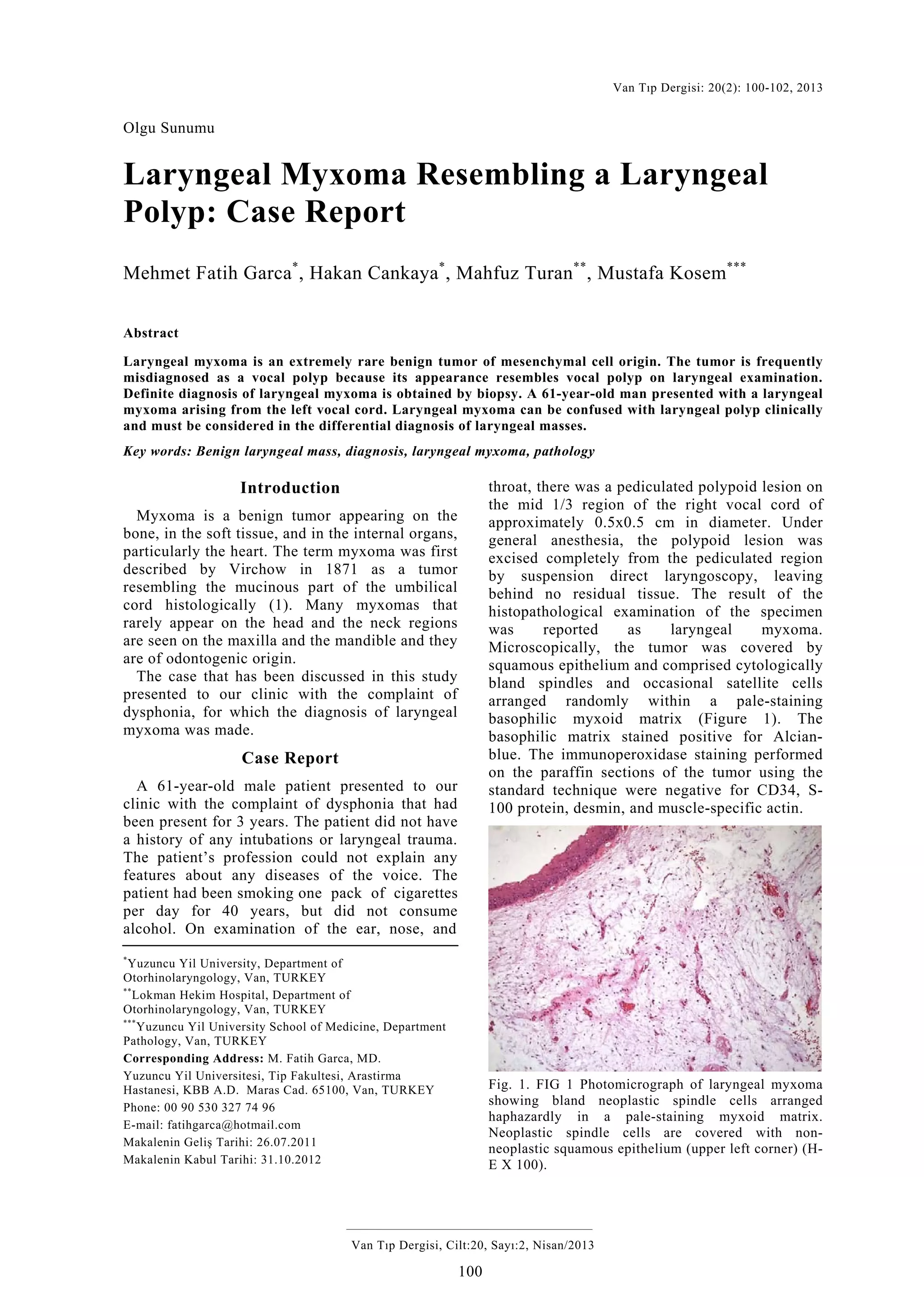 Laryngeal myxoma resembling a laryngeal polyp | PDF | Ear, Nose and ...
