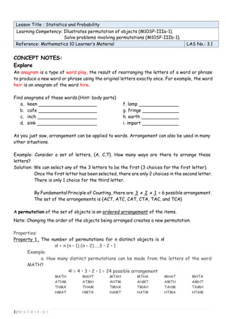 LEARNING ACTIVITY SHEET FOR MATH10 3RD Q | PDF