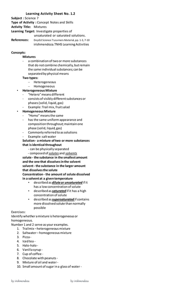 Learning Activity Sheet 1 2 Mixtures Learning Activity Sheet 1 2 Mixtures
