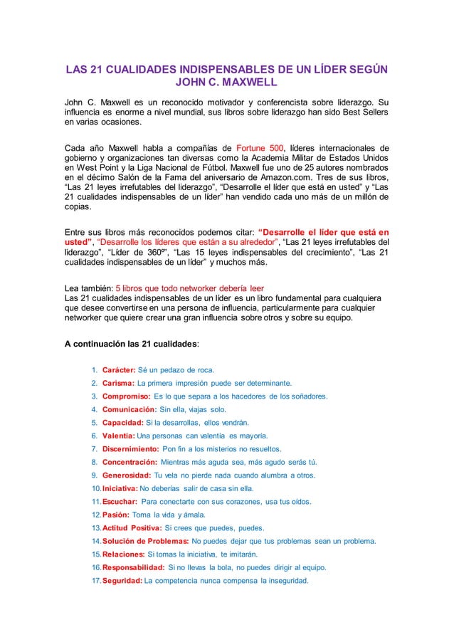 Las 21 cualidades indispensables de un líder según john 1 | PDF