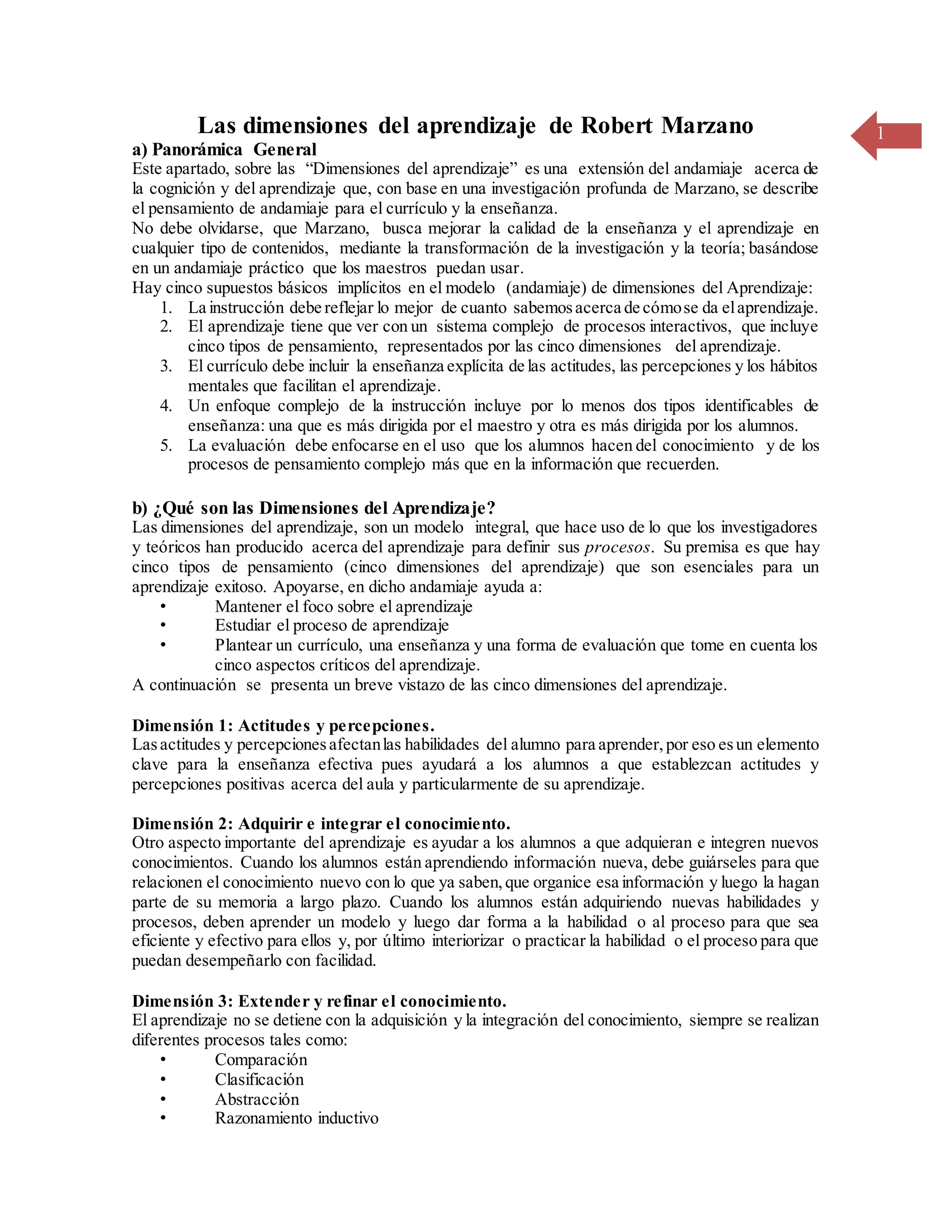 Las dimensiones del aprendizaje de robert marzano | DOCX
