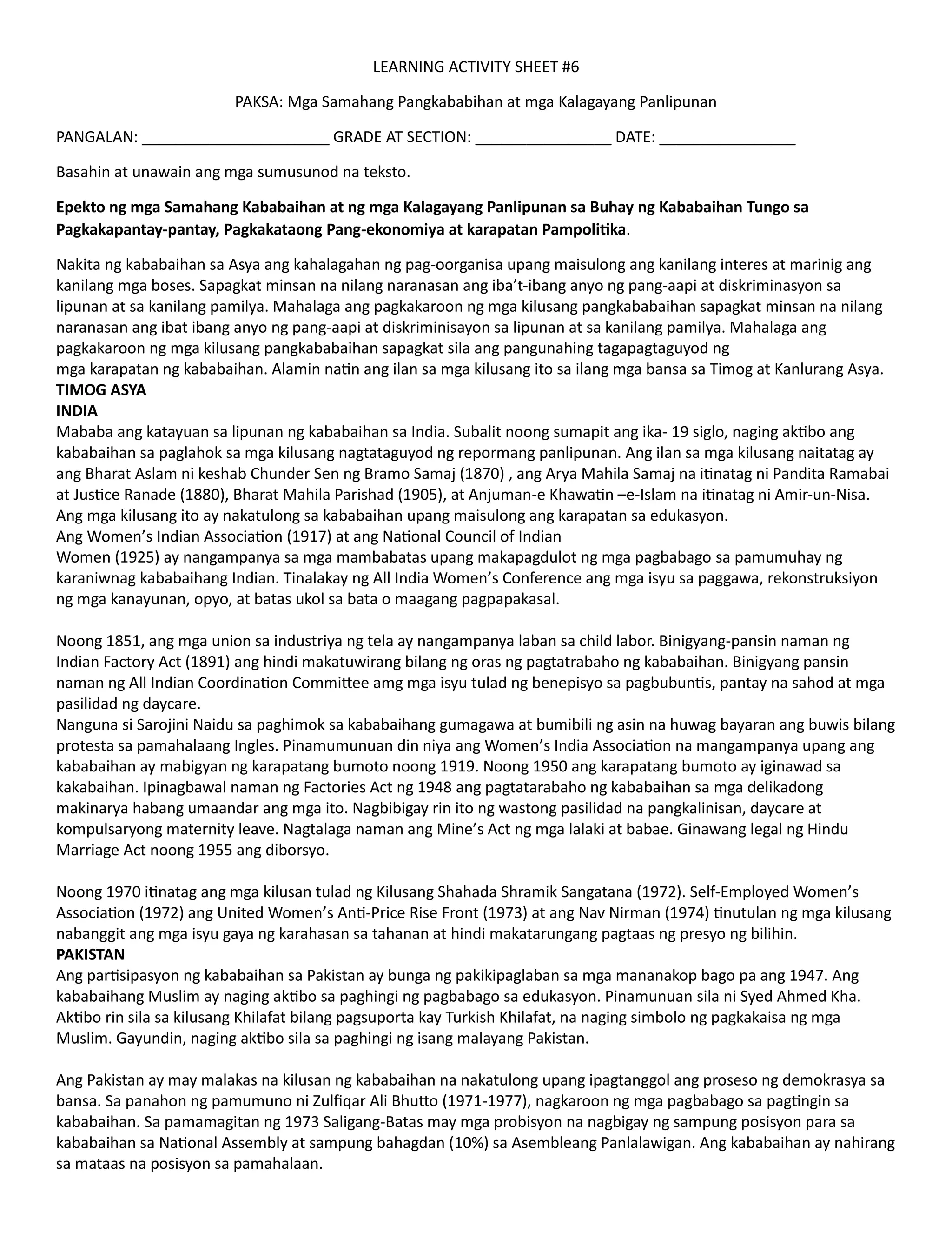 LAS Epekto ng mga Samahang Kababaihan at ng mga Kalagayang Panlipunan sa Buhay ng Kababaihan ...