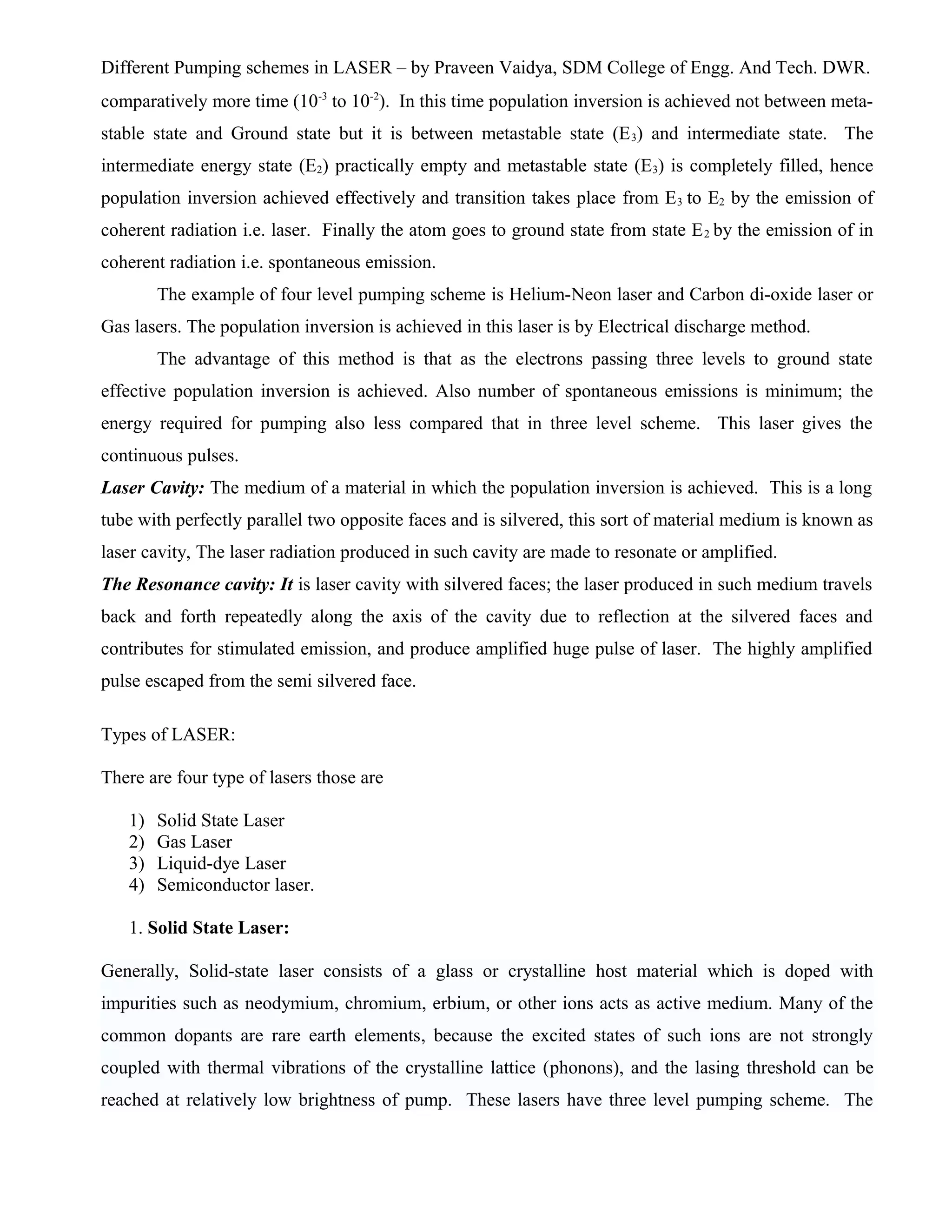 Laser, Pumping schemes, types of lasers and applications | DOC