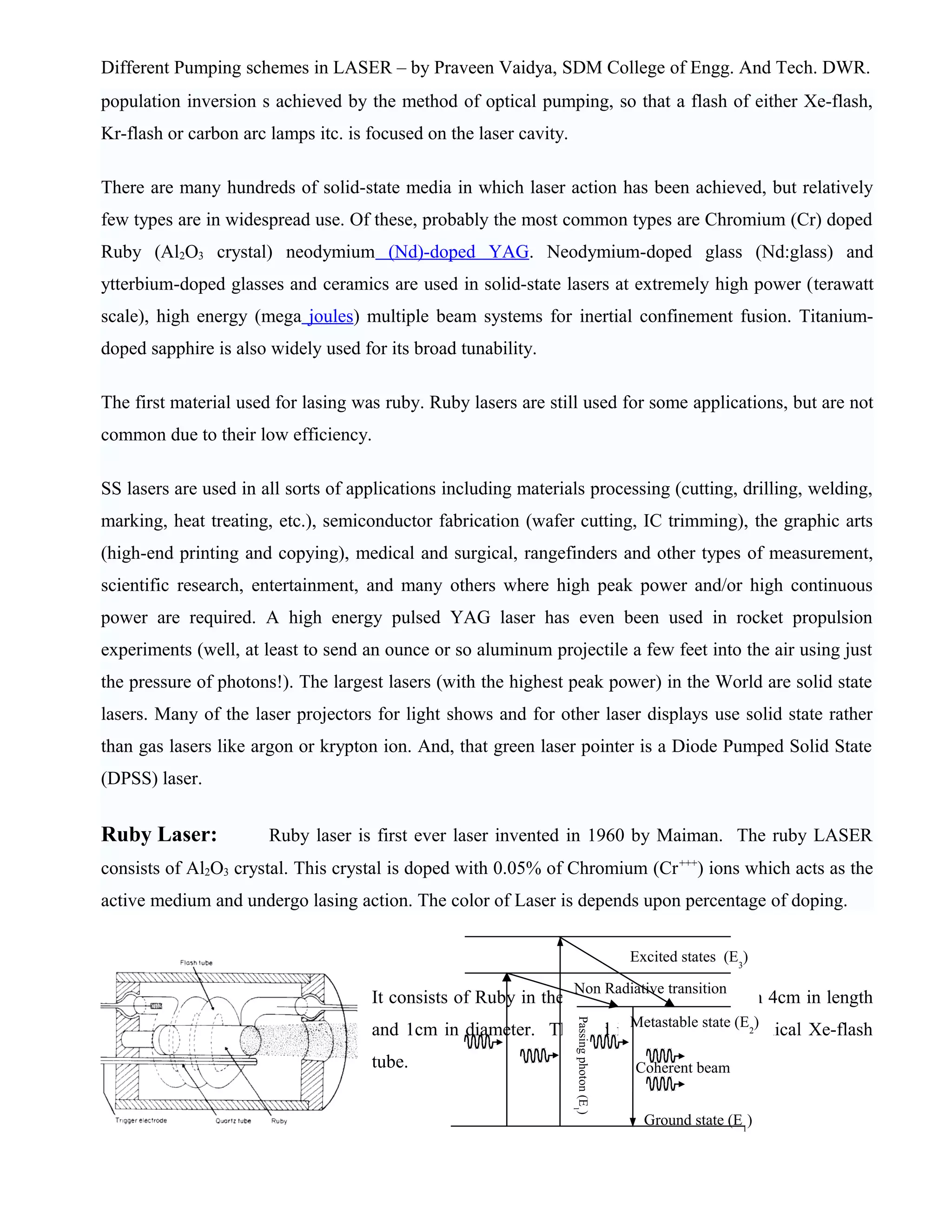 Laser, Pumping schemes, types of lasers and applications | DOC