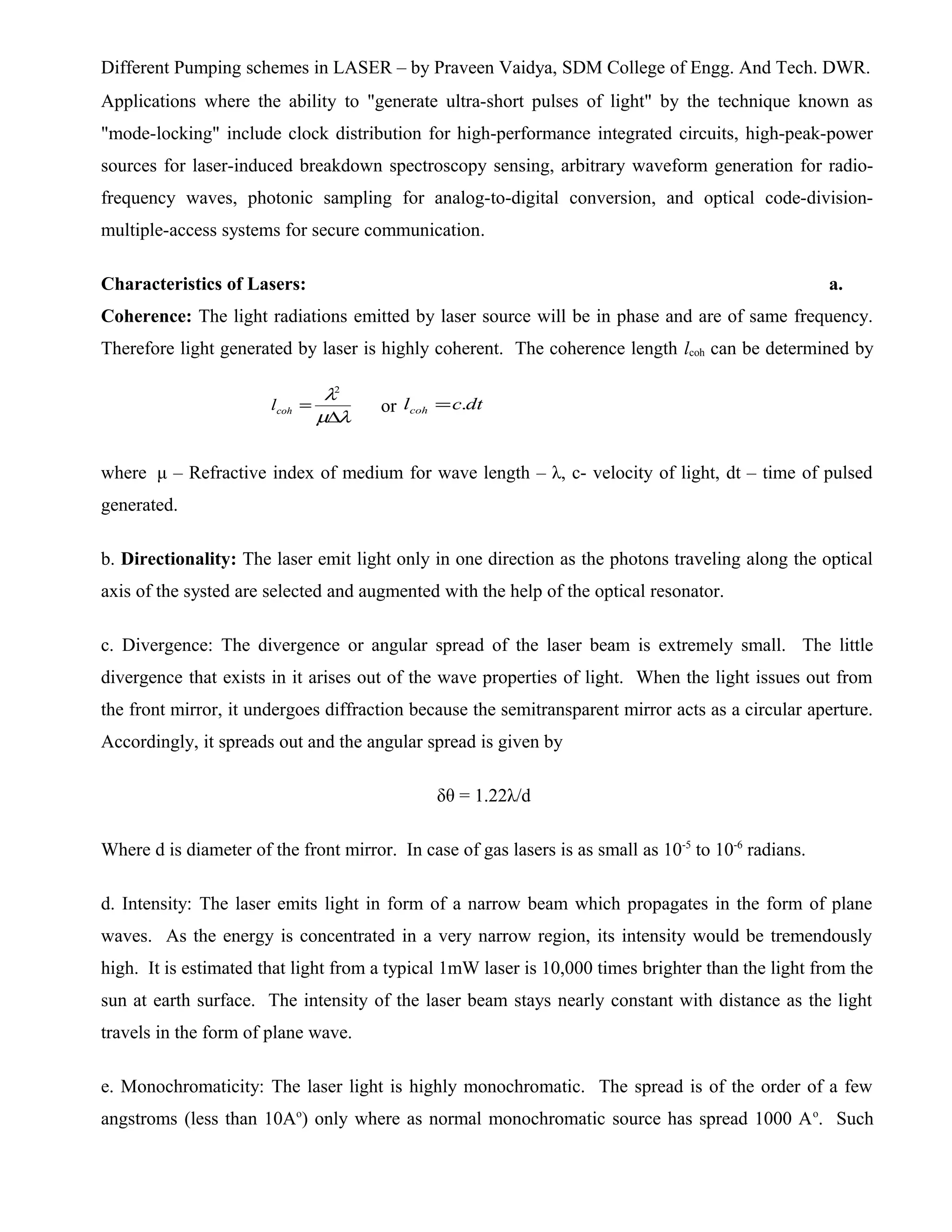 Laser, Pumping schemes, types of lasers and applications | DOC