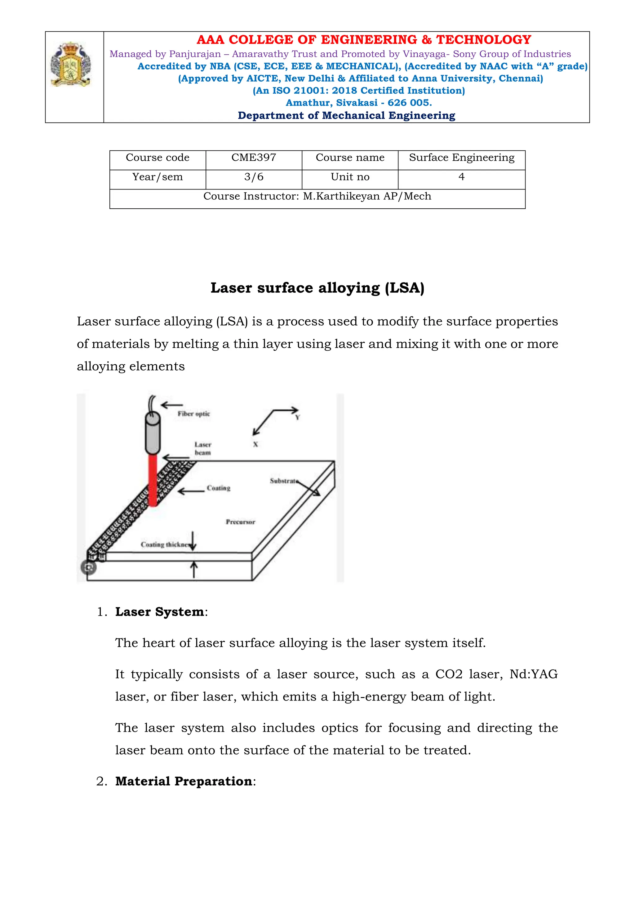 laser surface alloying (LSA) - Surface treatments | DOCX