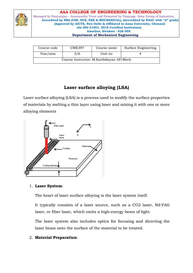 laser surface alloying (LSA) - Surface treatments | DOCX | Chemistry ...