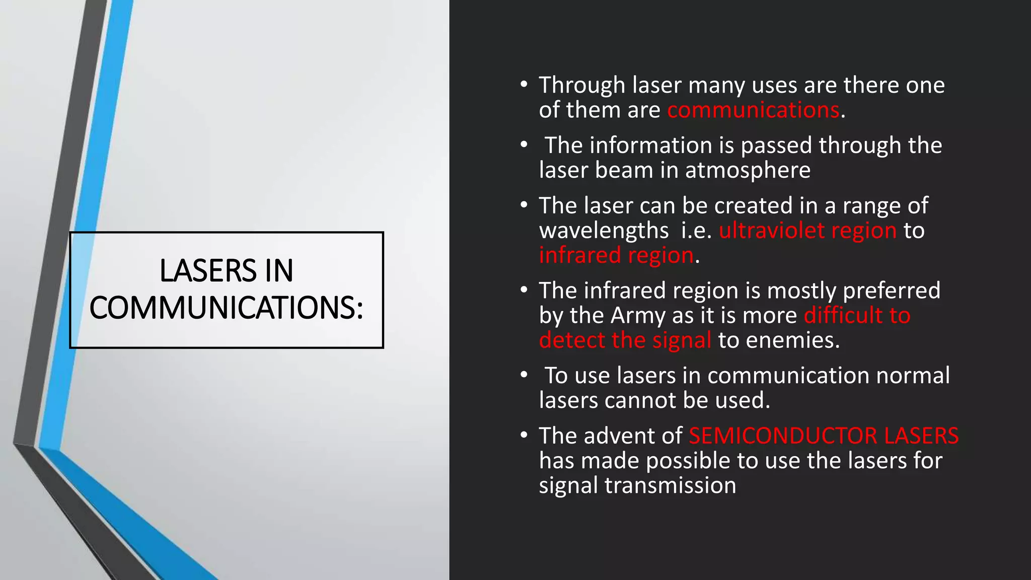 Lasers and optical fibre communications | PPTX