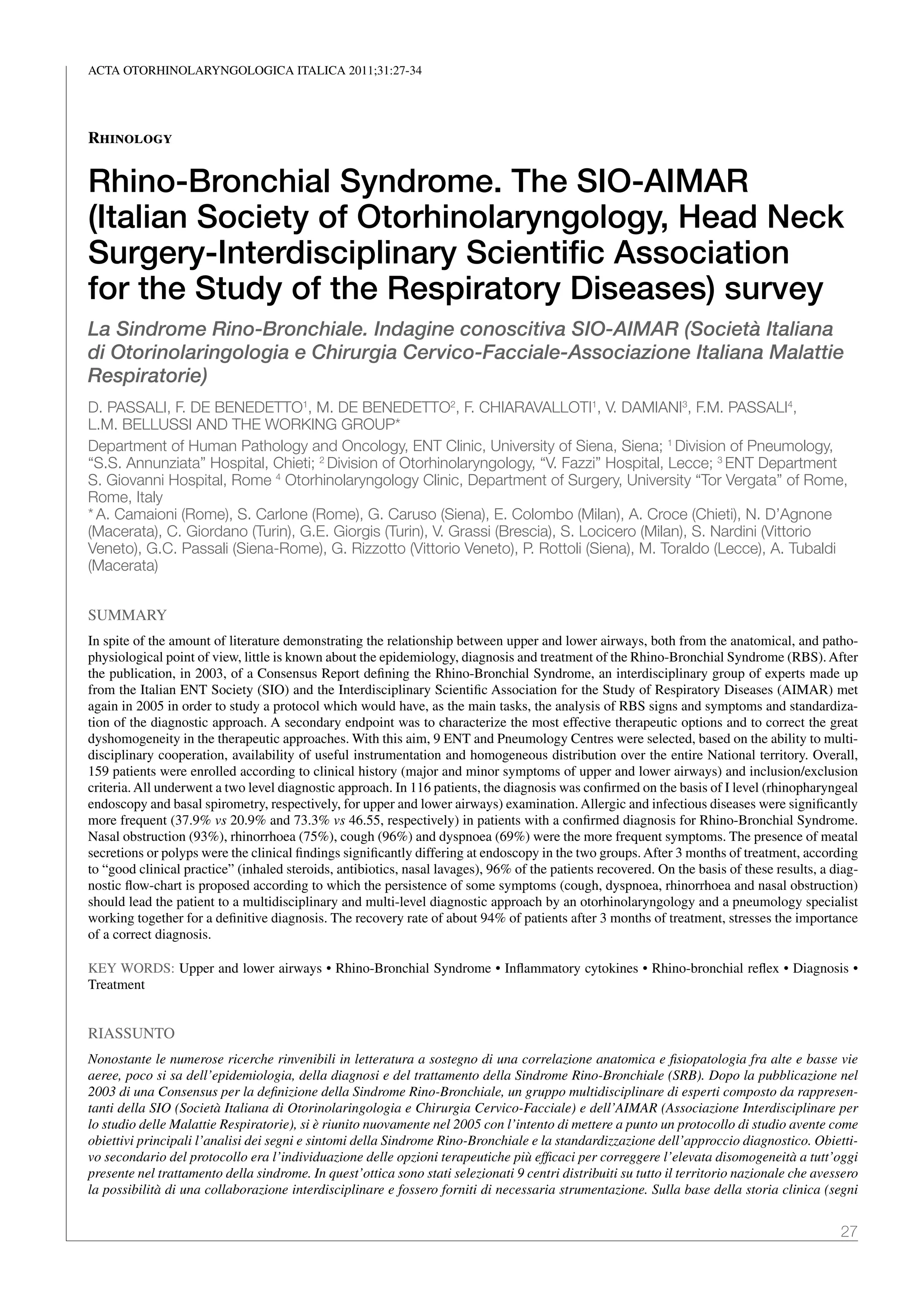 La sindrome rino bronchiale. indagine conoscitiva sio-aimar. | PDF