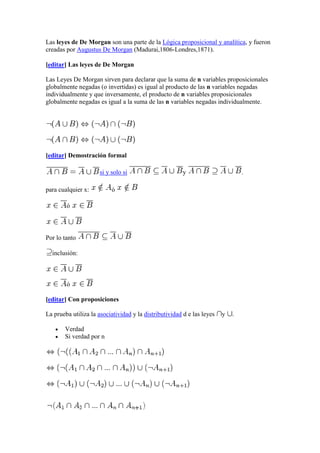 Las leyes de de morgan son una parte de la lógica proposicional y ...