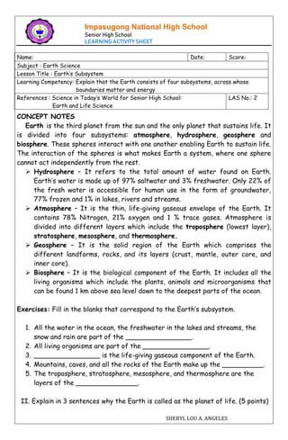 LAS No. 2 Earth's Subsystem.docx | Geography | Science