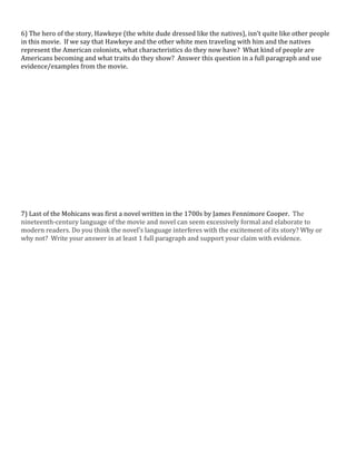 Last of the Mohicans video worksheet | DOCX