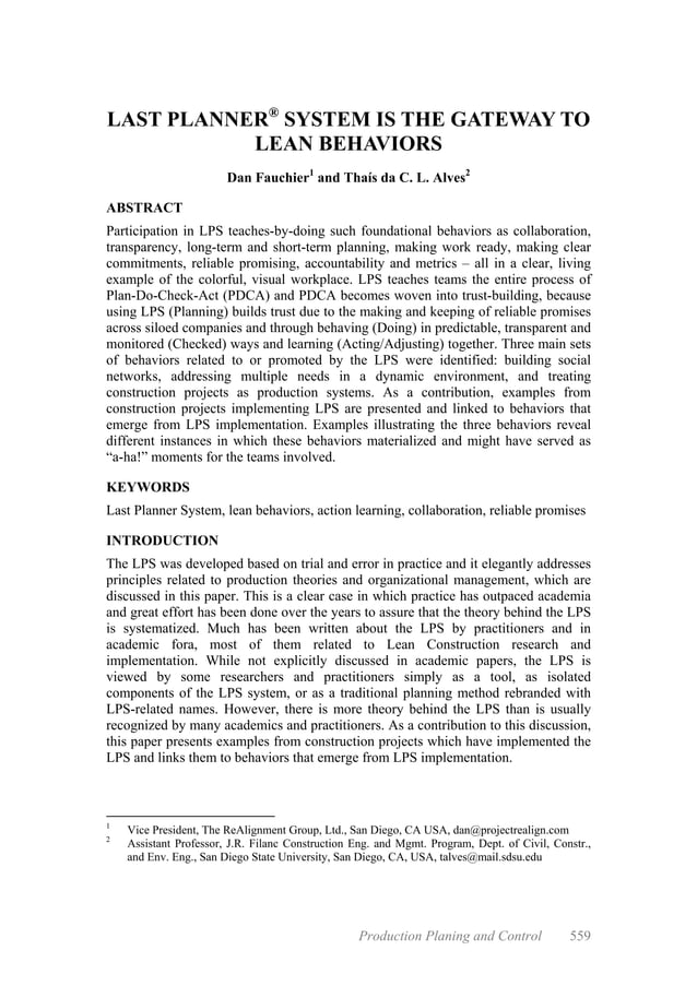 LAST PLANNER® SYSTEM AS THE GATEWAY TO LEAN BEHAVIORS | PDF