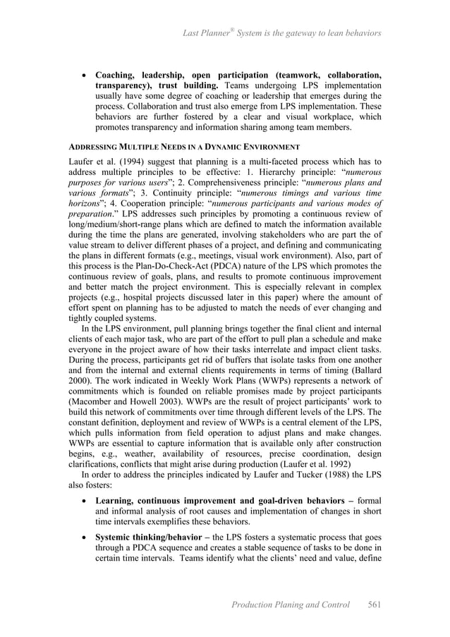 LAST PLANNER® SYSTEM AS THE GATEWAY TO LEAN BEHAVIORS | PDF