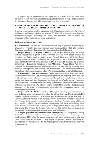 LAST PLANNER® SYSTEM AS THE GATEWAY TO LEAN BEHAVIORS | PDF