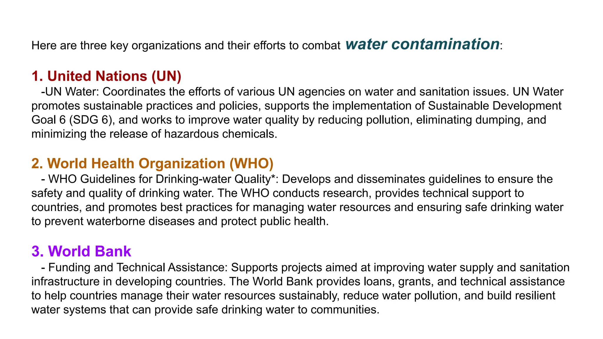 Organizations and their efforts to combat water contamination | PDF