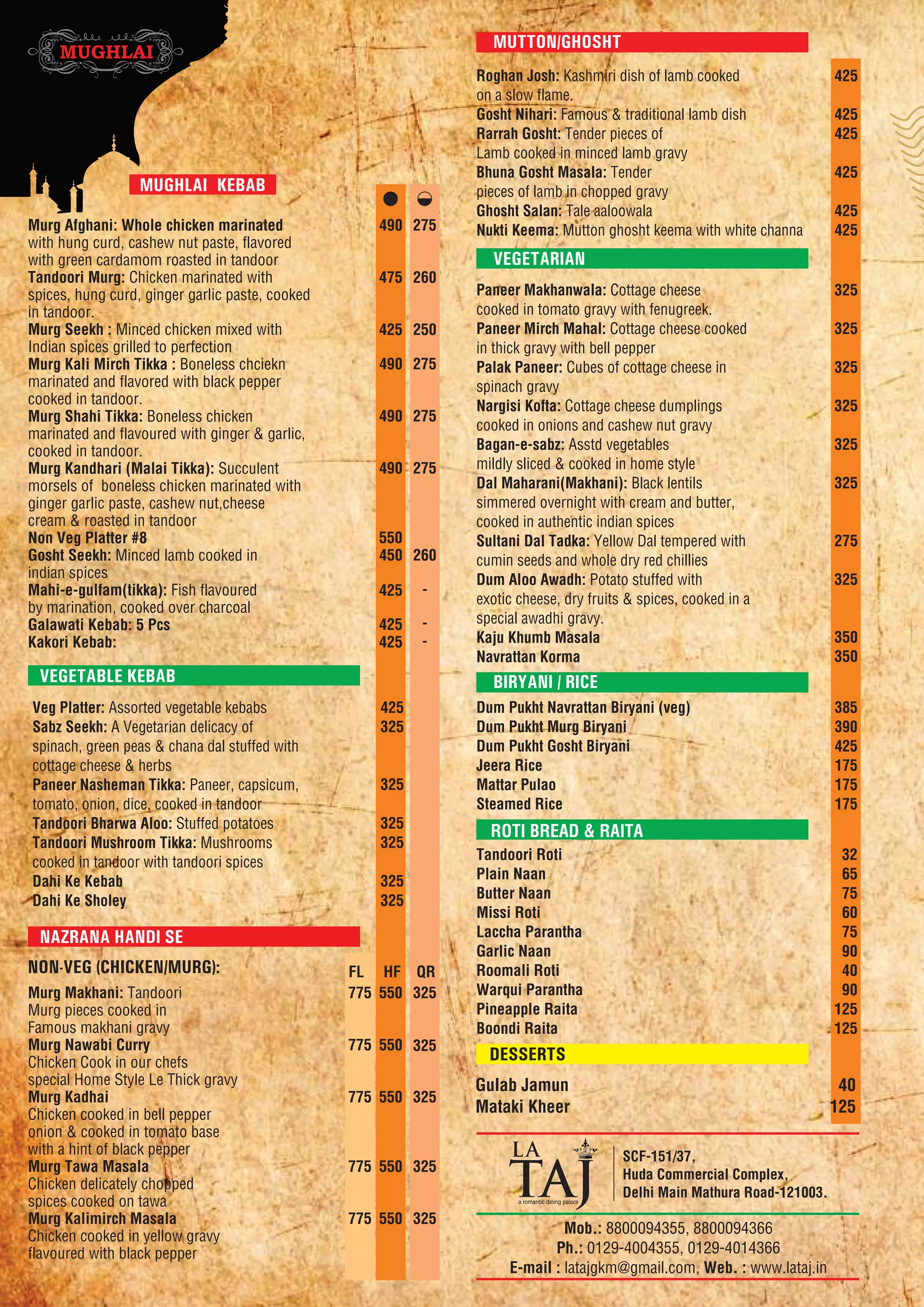 La taj new menu | PDF