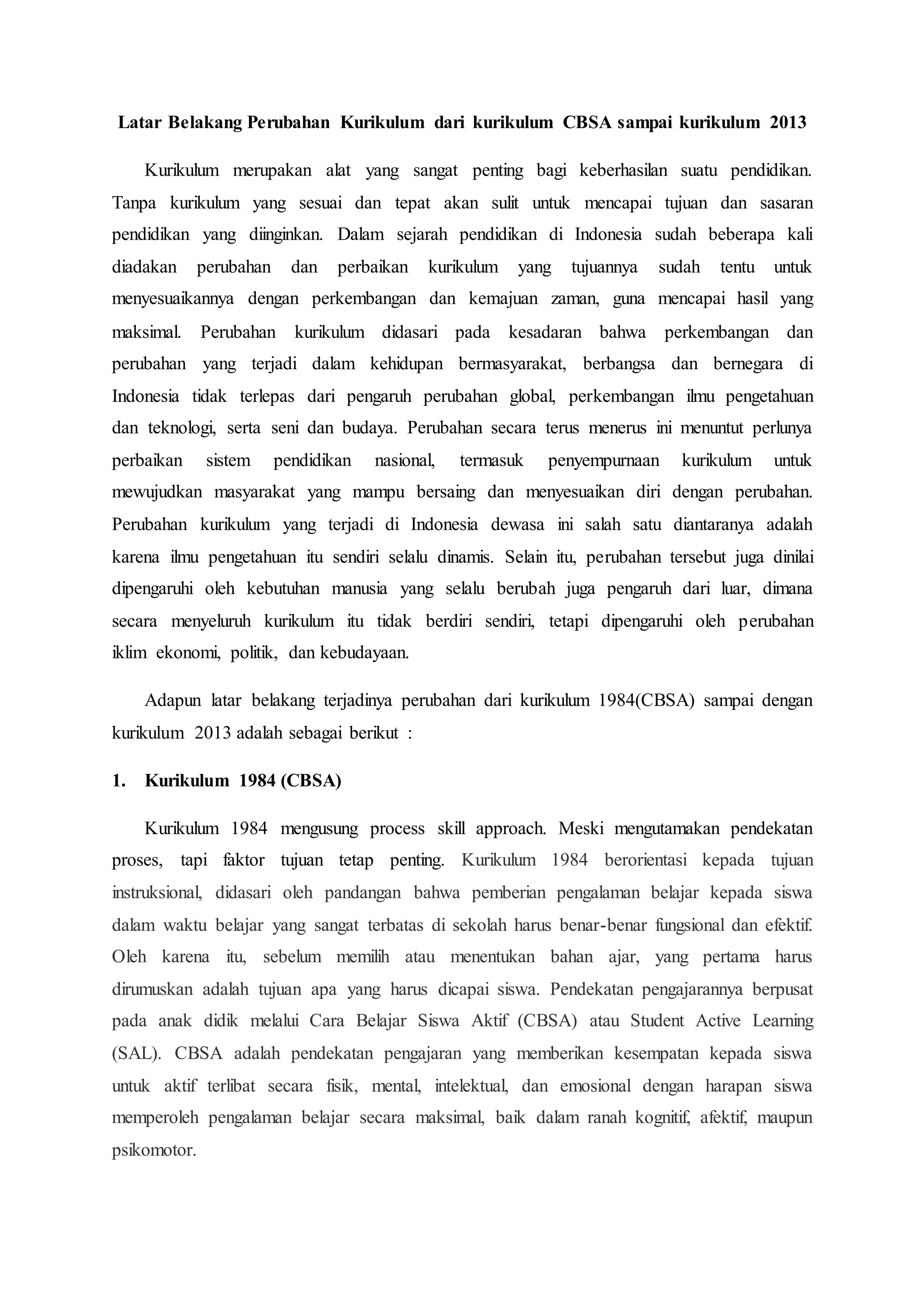 Latar belakang perubahan kurikulum dari kurkulum cbsa sampai kurikulum 2013 | PDF