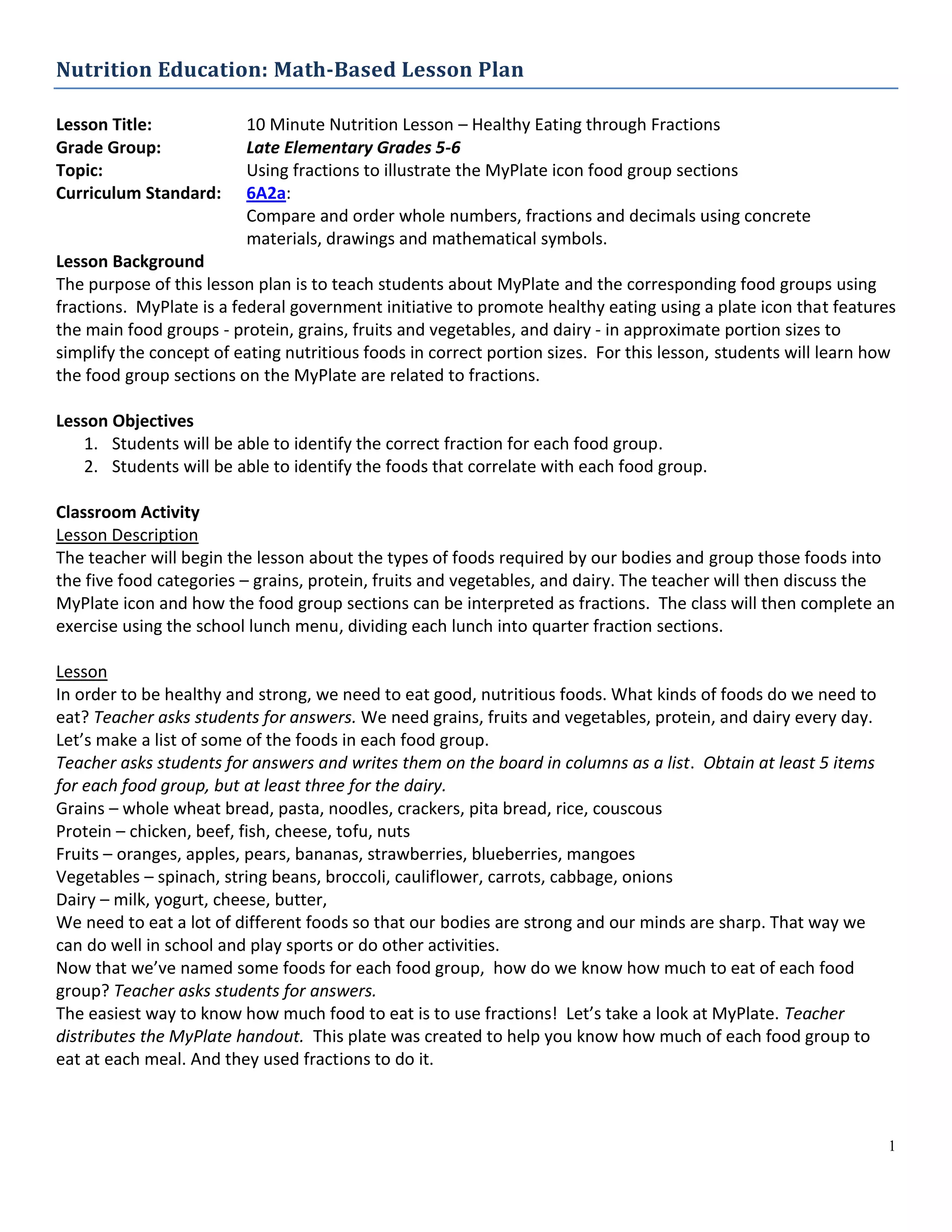 Late Elementray Nutrition Lesson Fractions Final. E. Madison | PDF