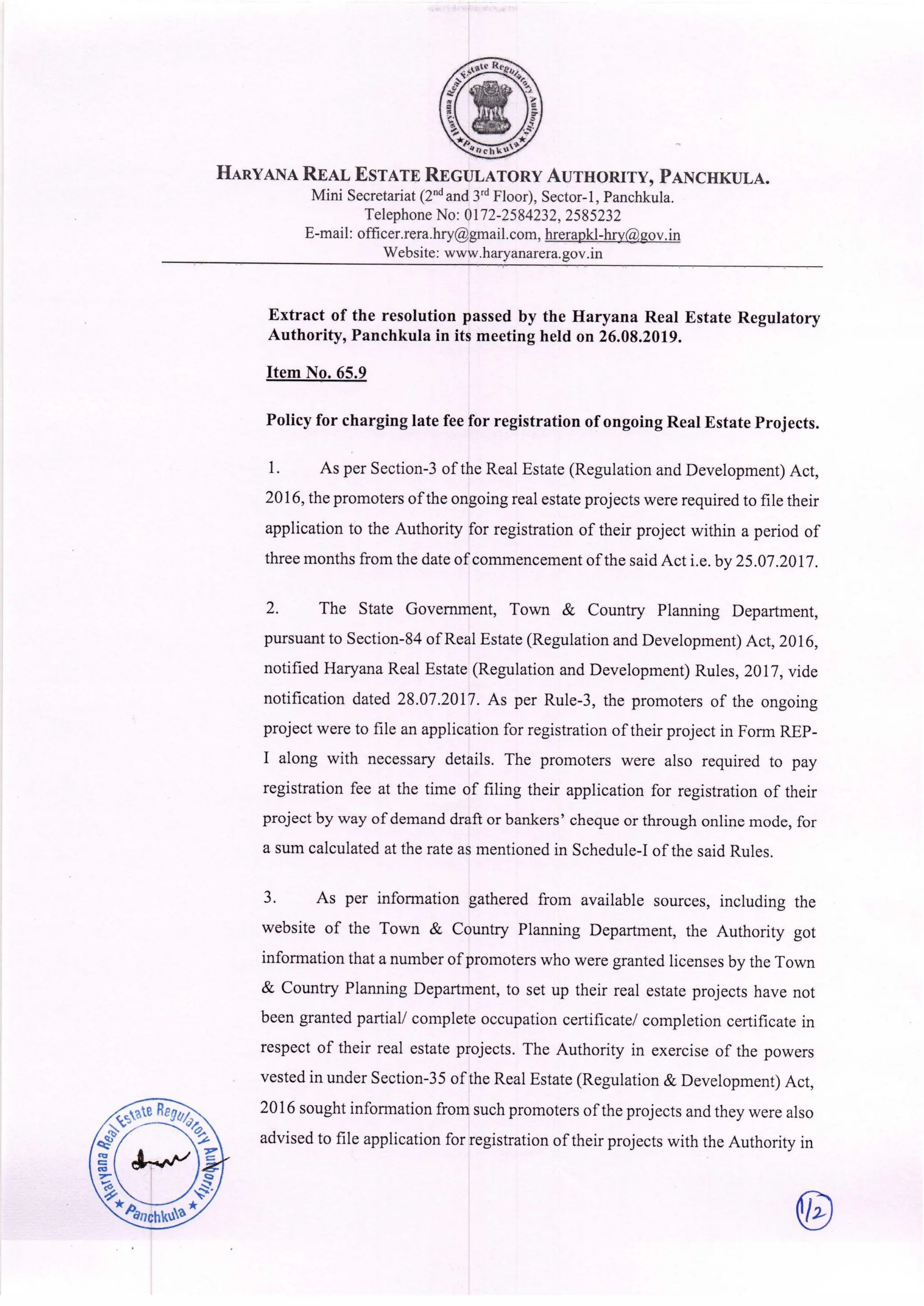 RERA Panchkula Registration Late Fee Info | PDF
