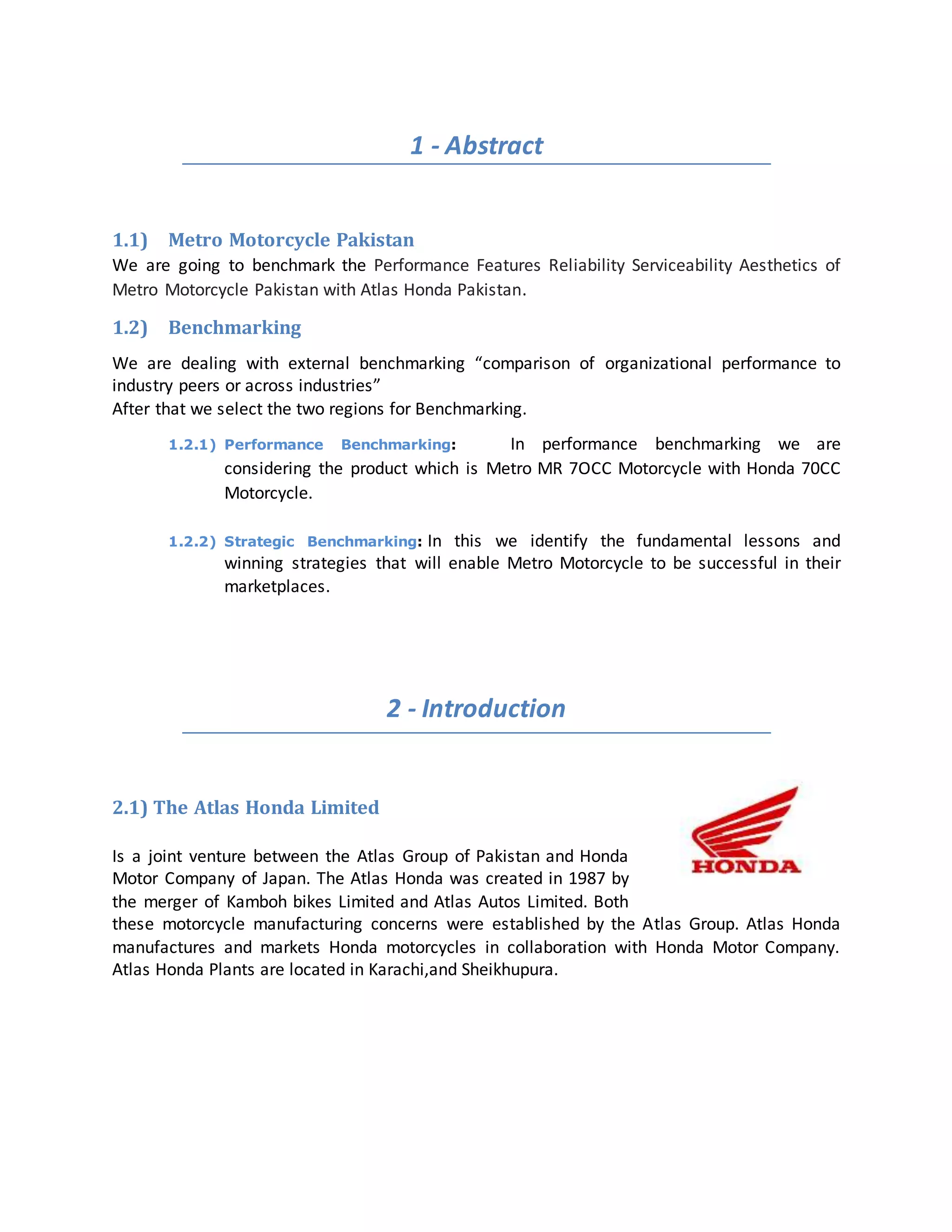 Benchmarking Performance of Metro Motorcycle vs Honda Atlas | PDF