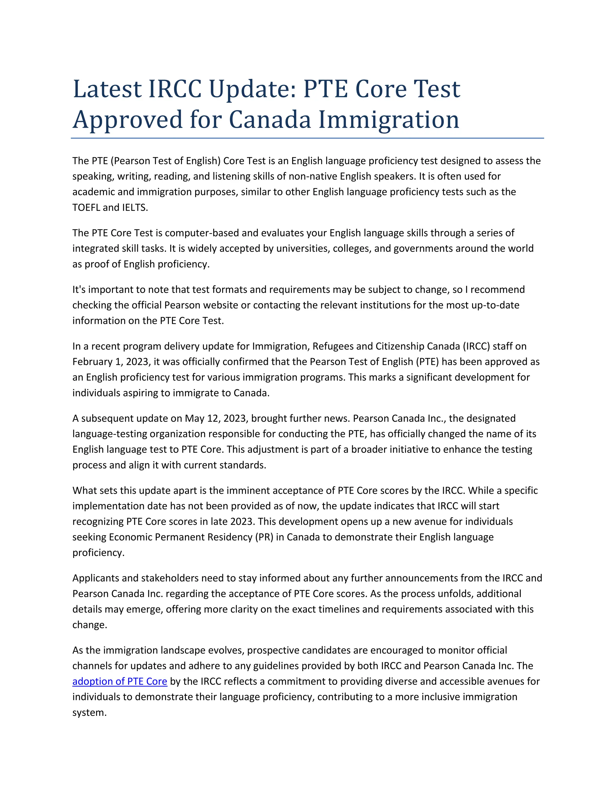 Latest IRCC Update PTE Core Test Approved for Canada Immigration.docx