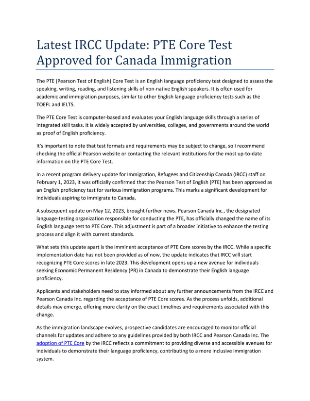 Latest IRCC Update PTE Core Test Approved for Canada Immigration.docx ...