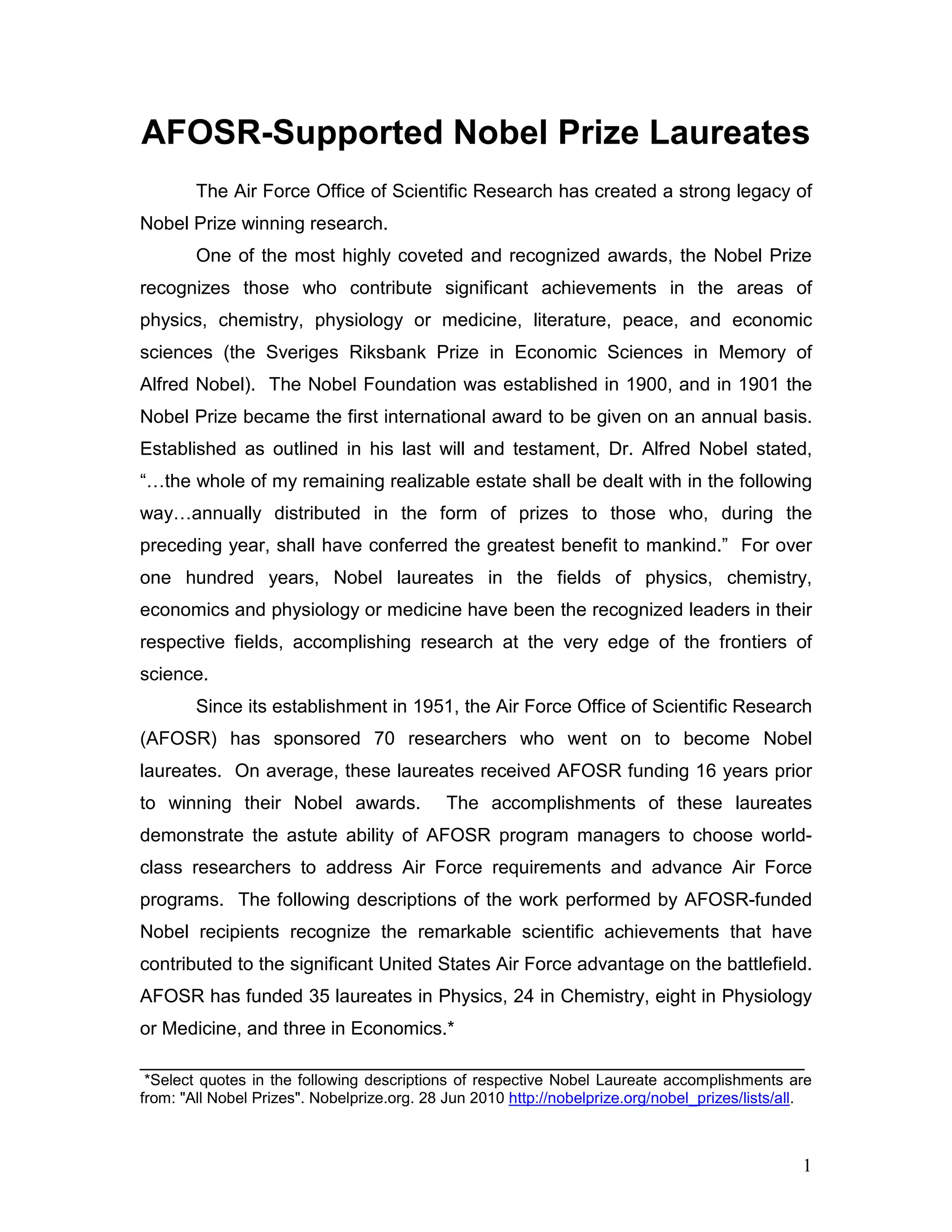 AFOSR-Supported Nobel Prize Laureates | PDF | Chemistry | Science