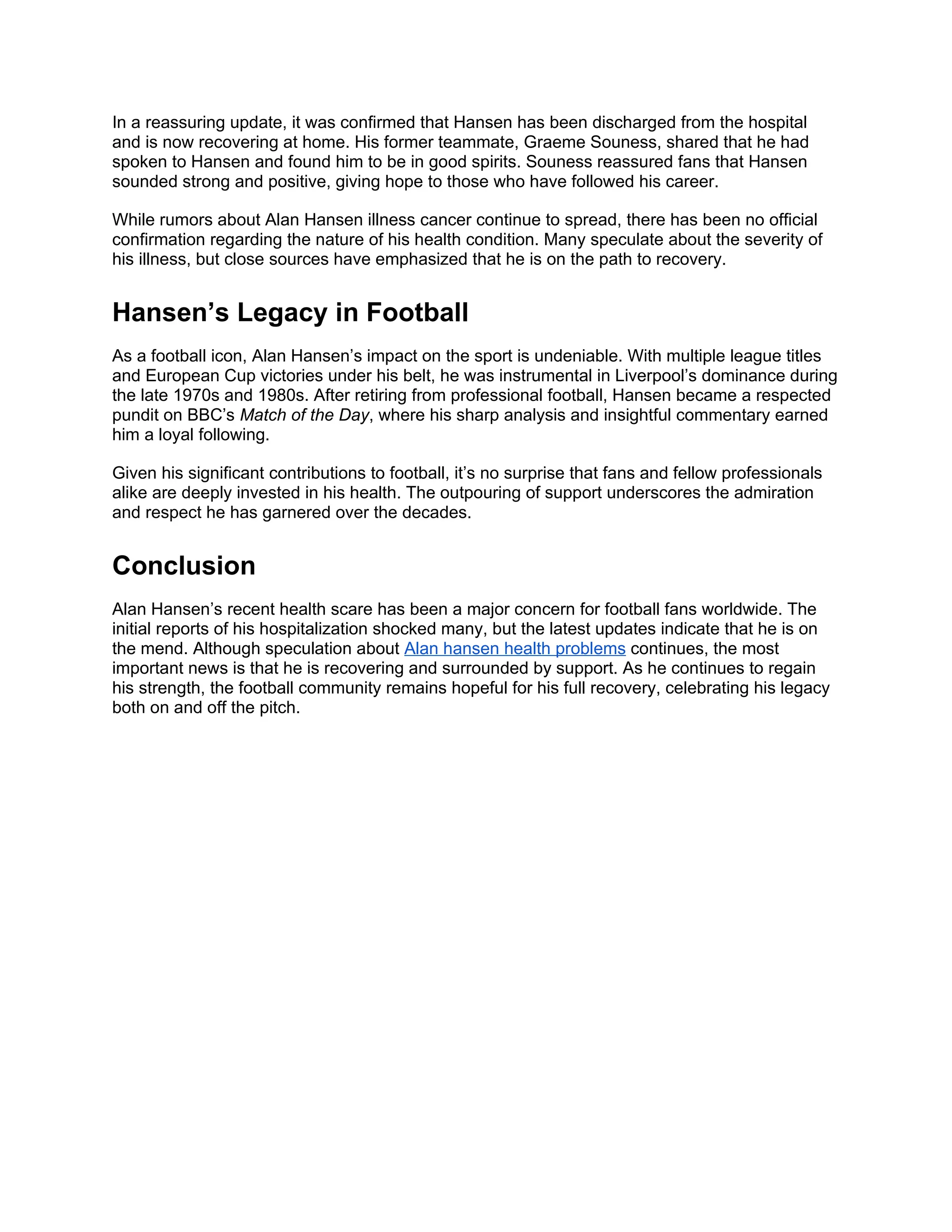 Latest Update on Alan Hansen’s Illness: Is It Cancer? | DOCX