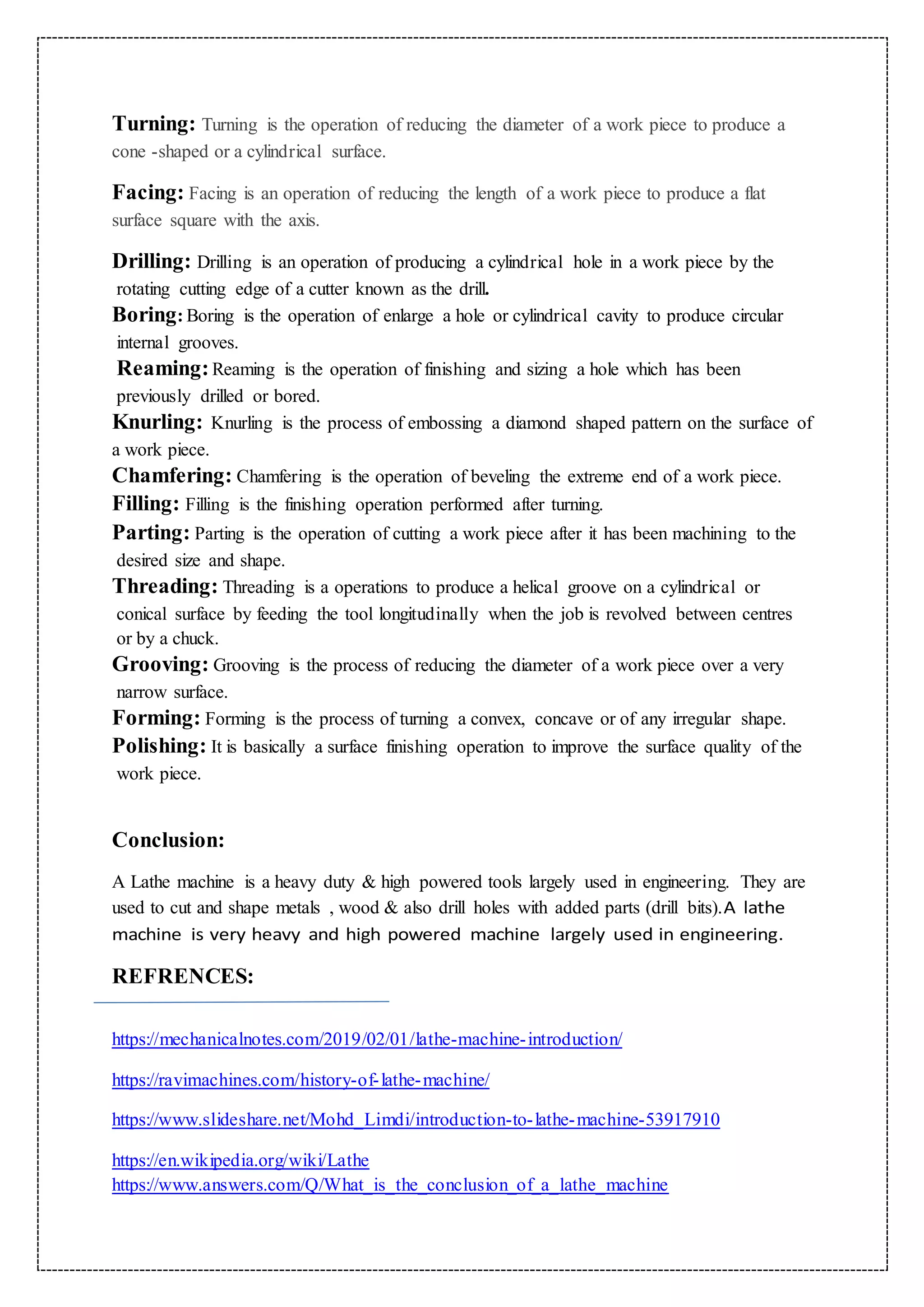 Lathe machine, its types ,functions & operation | DOCX