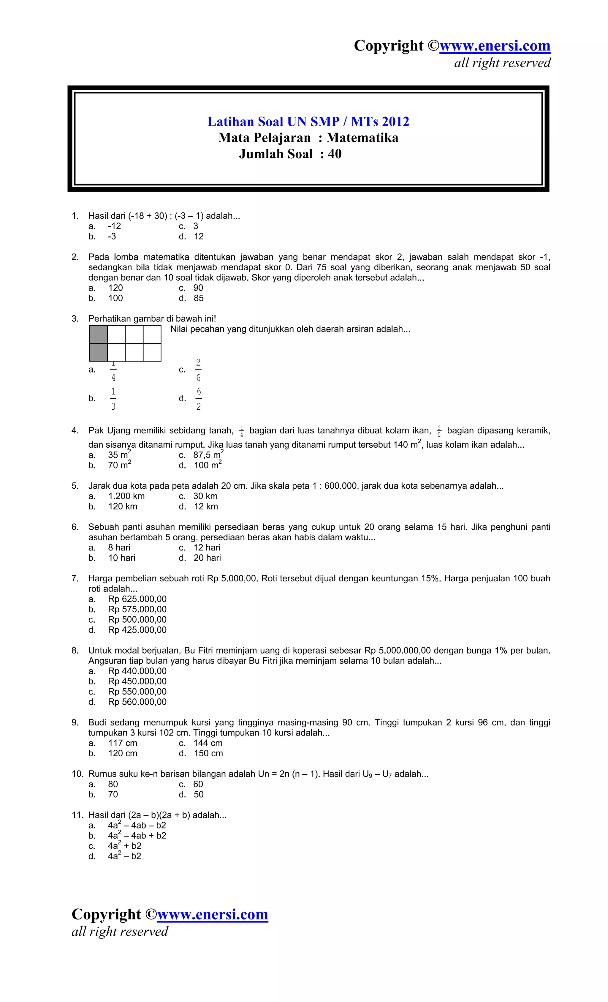 Latihan soal-un-smp-mts-2012-matematika | PDF