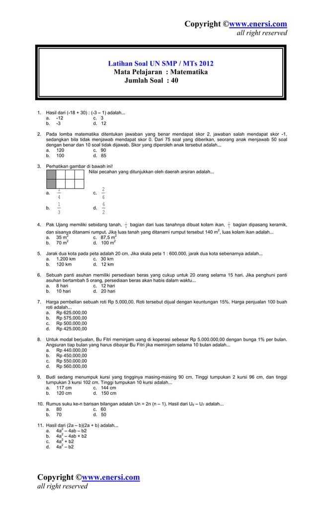 Latihan soal-un-smp-mts-2012-matematika | PDF