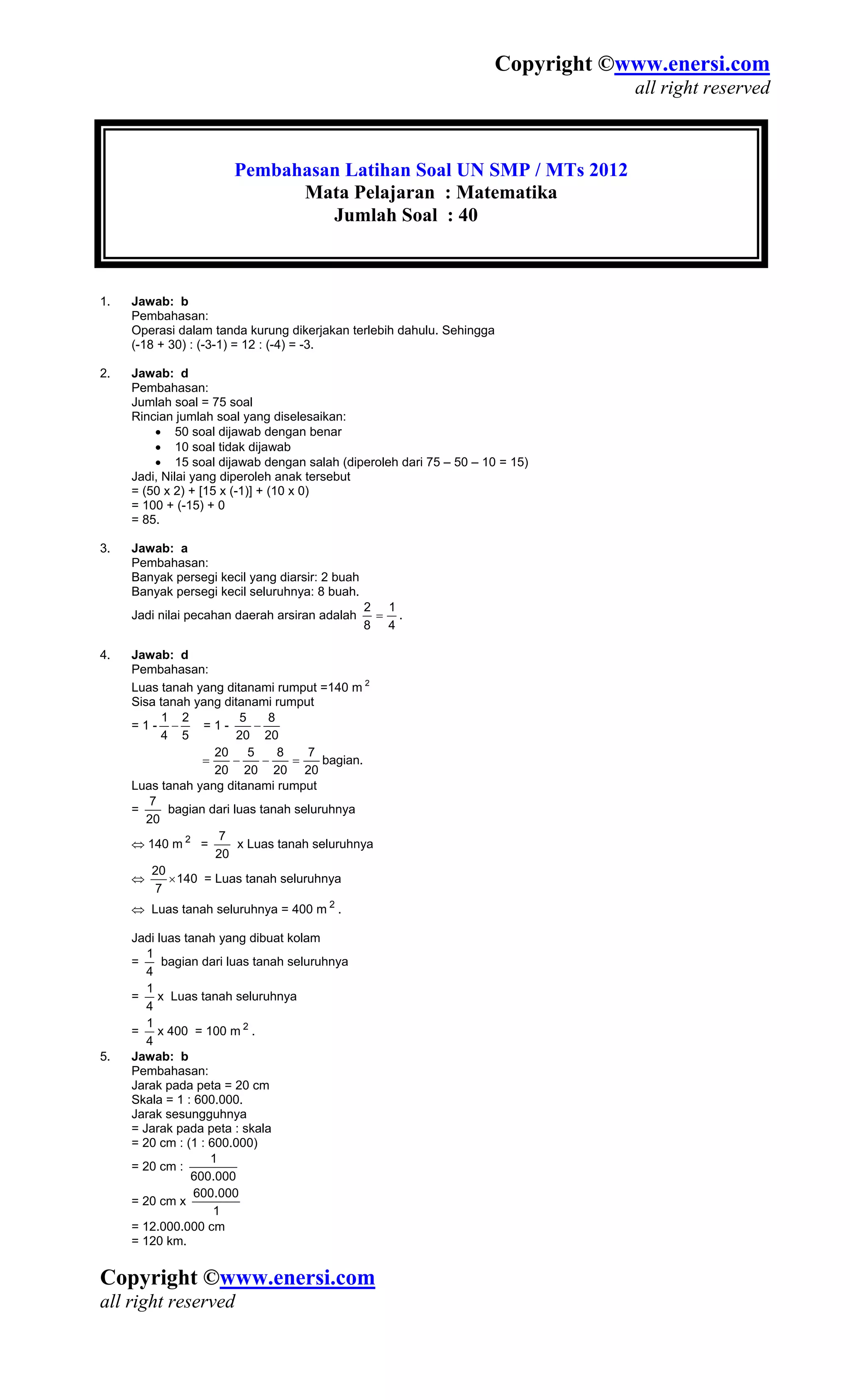 Latihan soal-un-smp-mts-2012-matematika-bahas | PDF