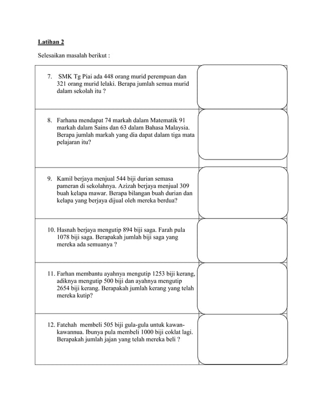 Latihan 1.masalah tambah kssr matematik thn 2 & 3 | DOCX